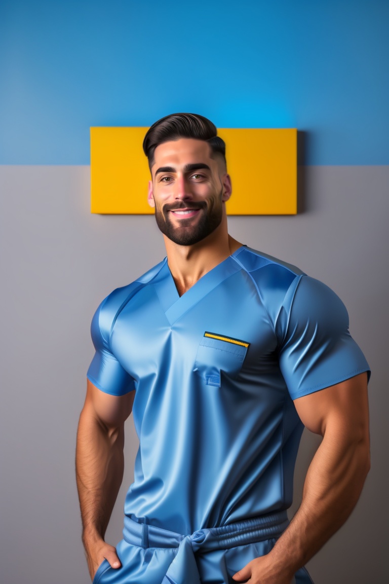 Lexica - A male doctor with an athletic physique, donning blue scrubs ...