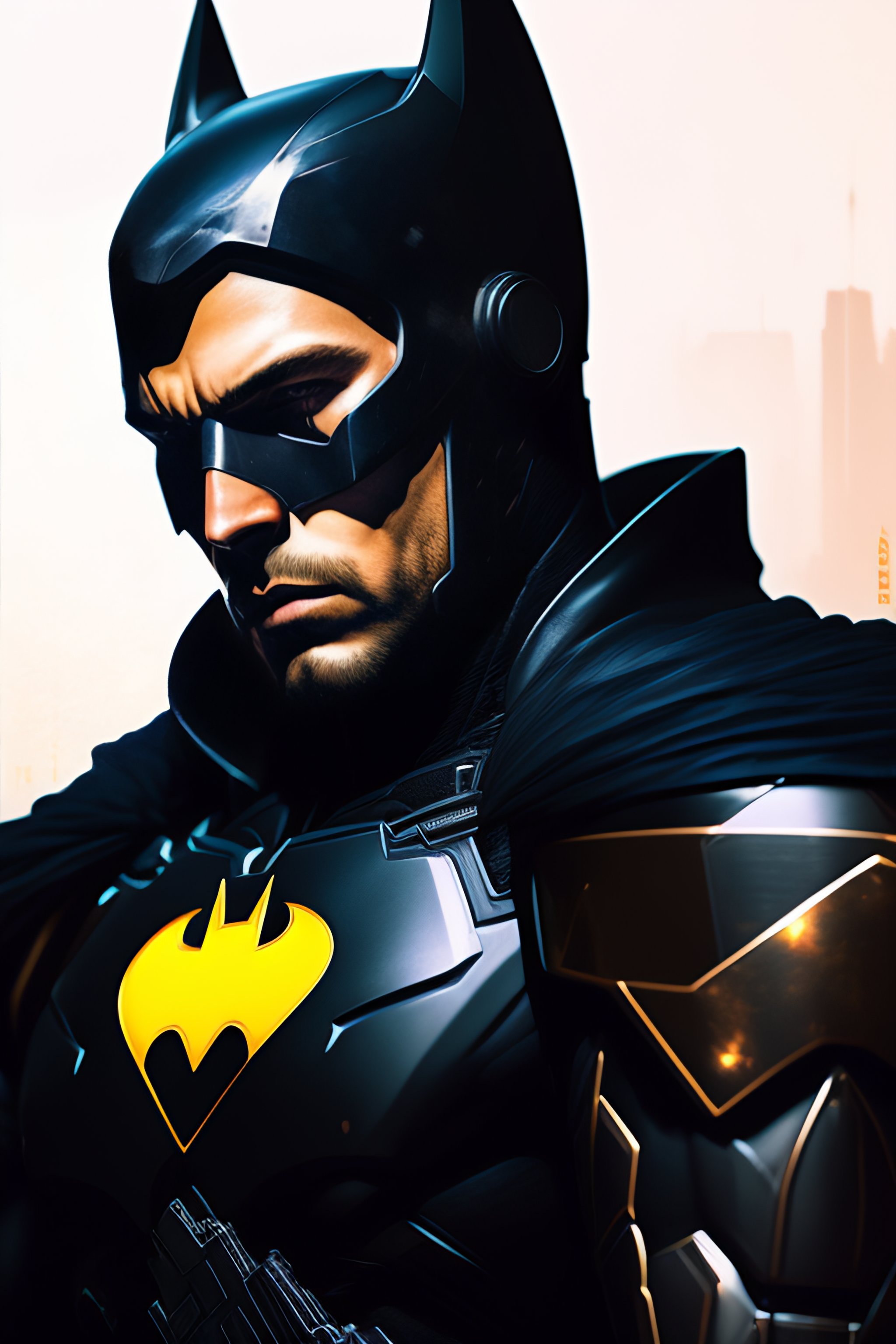 Lexica - Batman wearing metal gear armor holding gun dramatic lighting ...