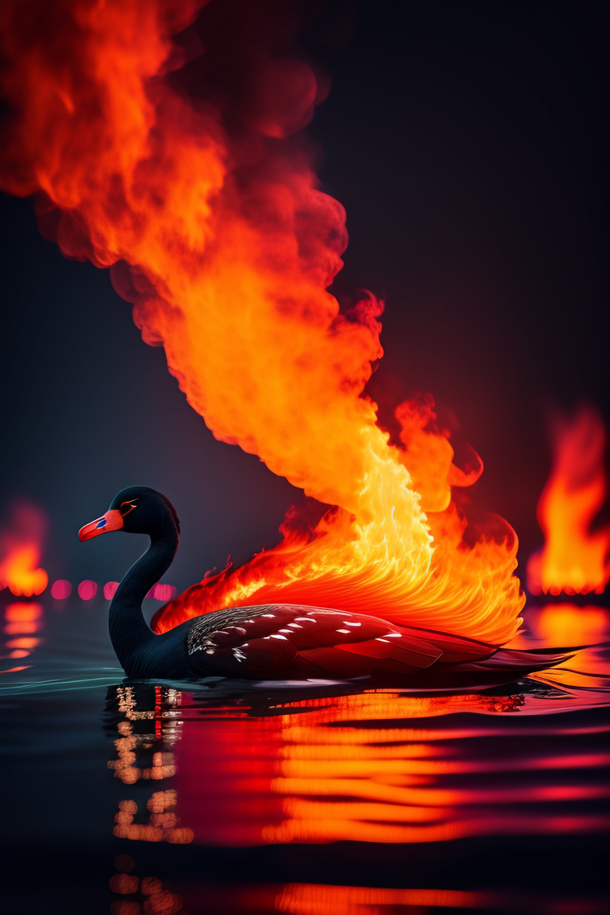 Lexica - A black swan with red eyes swimming in a sea by night, flames ...