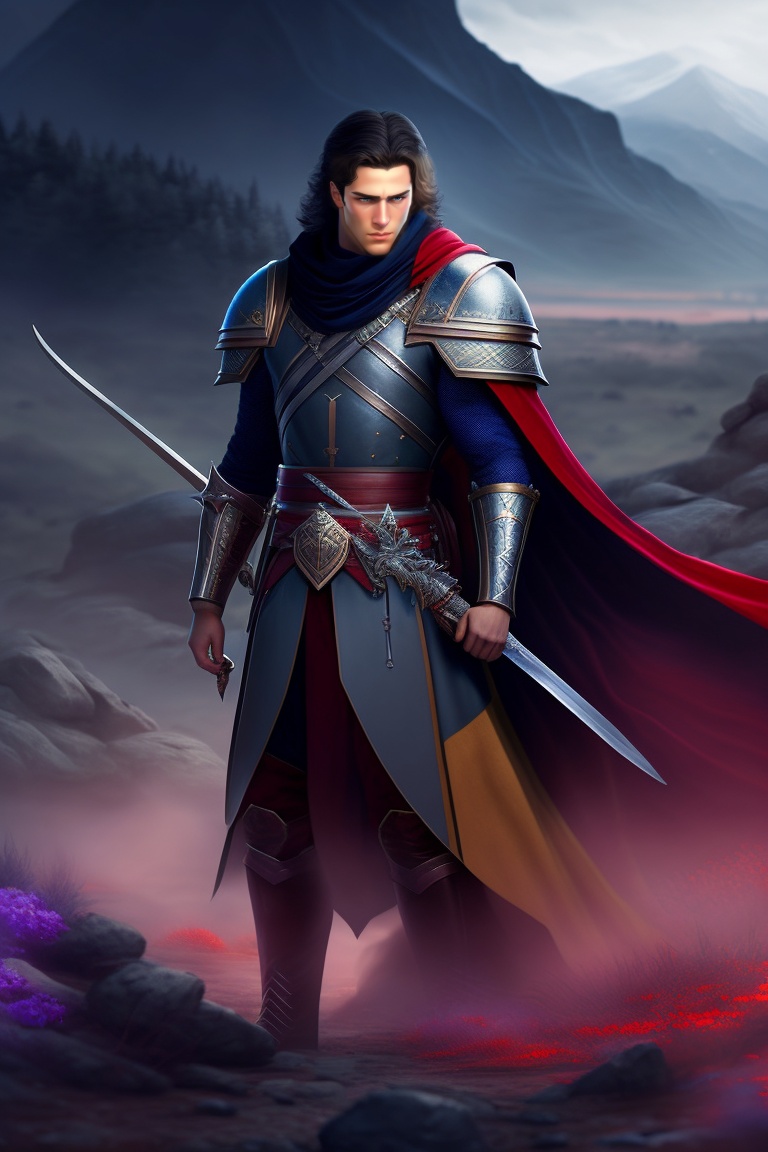 Lexica - A one-eyed, dark-haired young knight, holding his sword in his ...