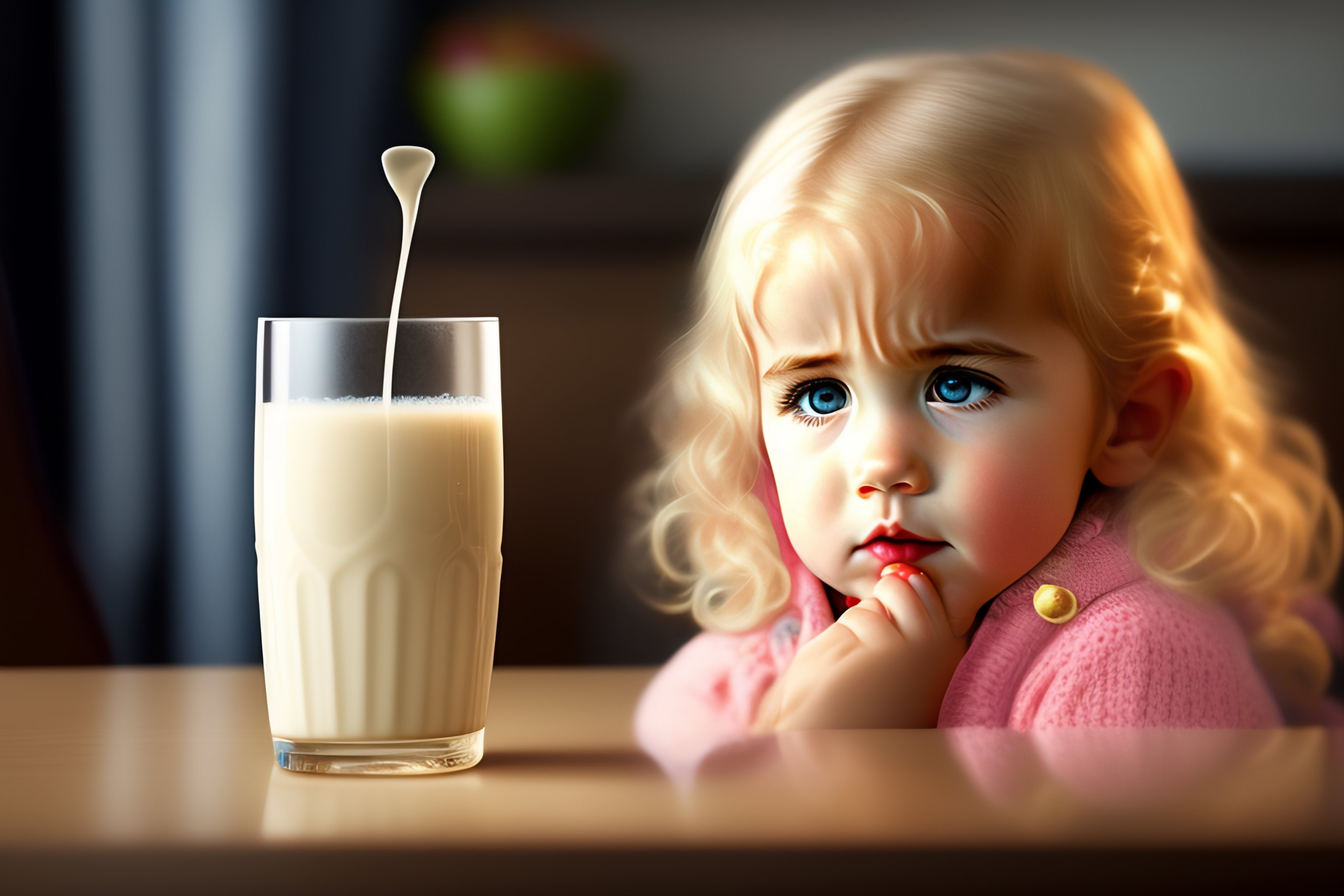 Lexica - 3 year old blonde girl sad because she spills a cup of milk ...