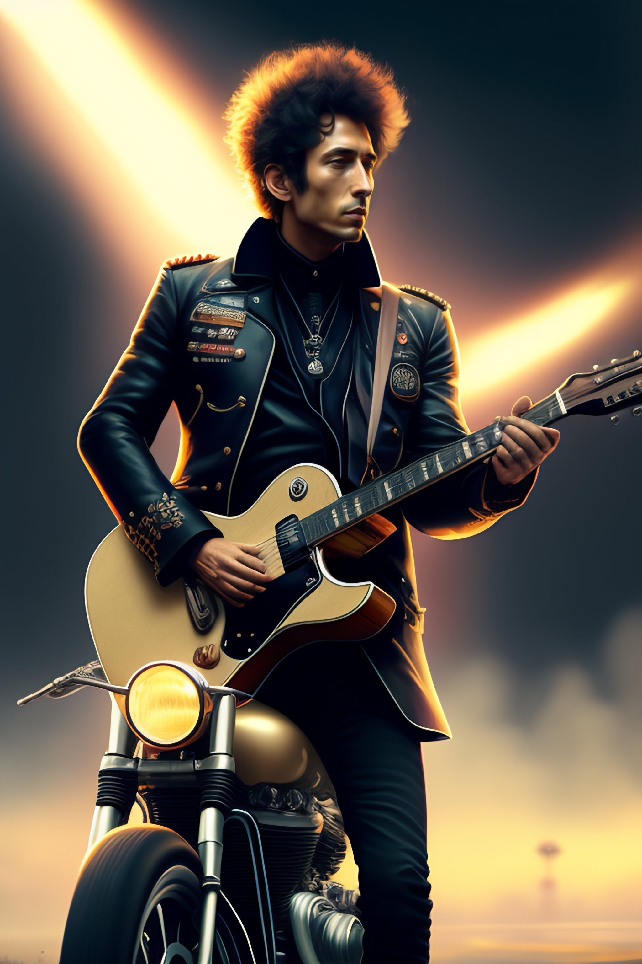 Lexica - Bob dylan riding a motorcycle and playing his guitar in the ...