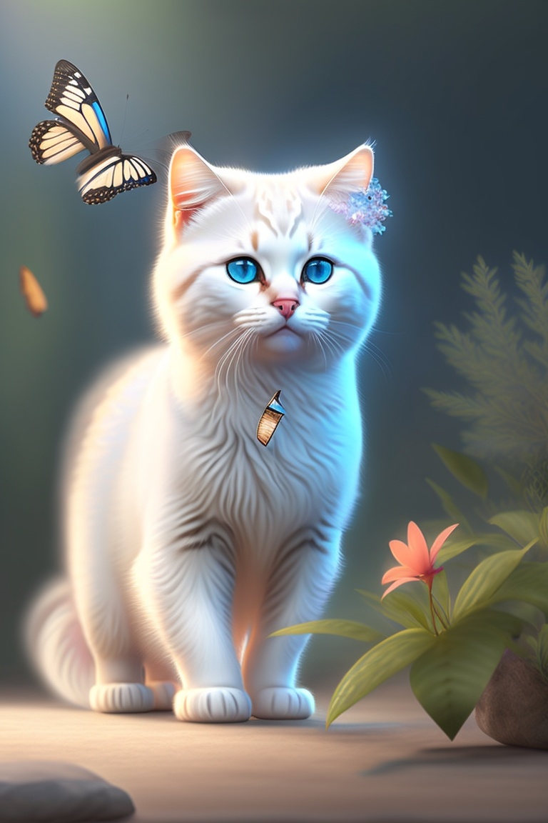 Lexica - White cat with broken tale with blue eyes catching a butterfly ...