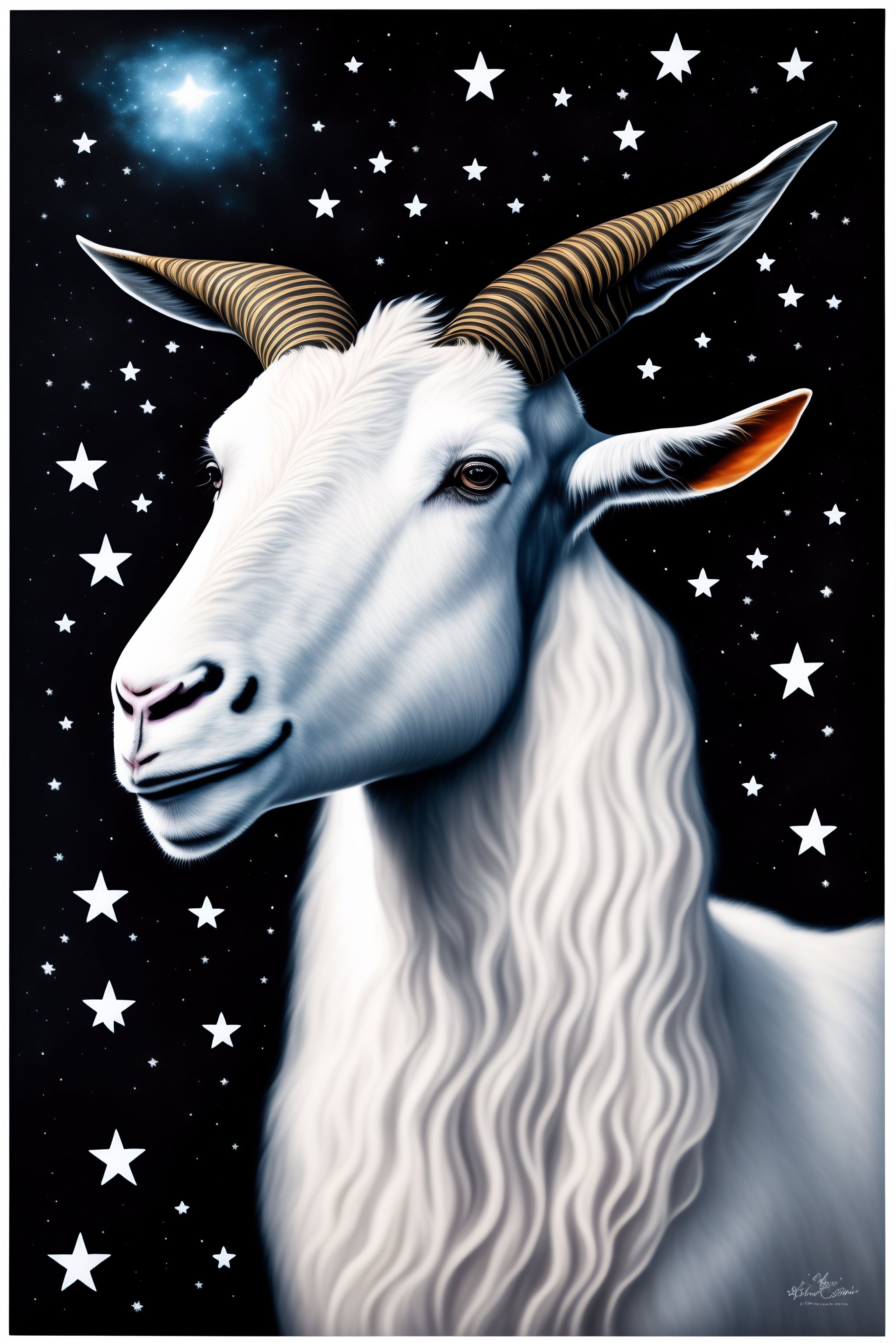 Lexica - Goat with a fish tail surrounded by stars, black and white