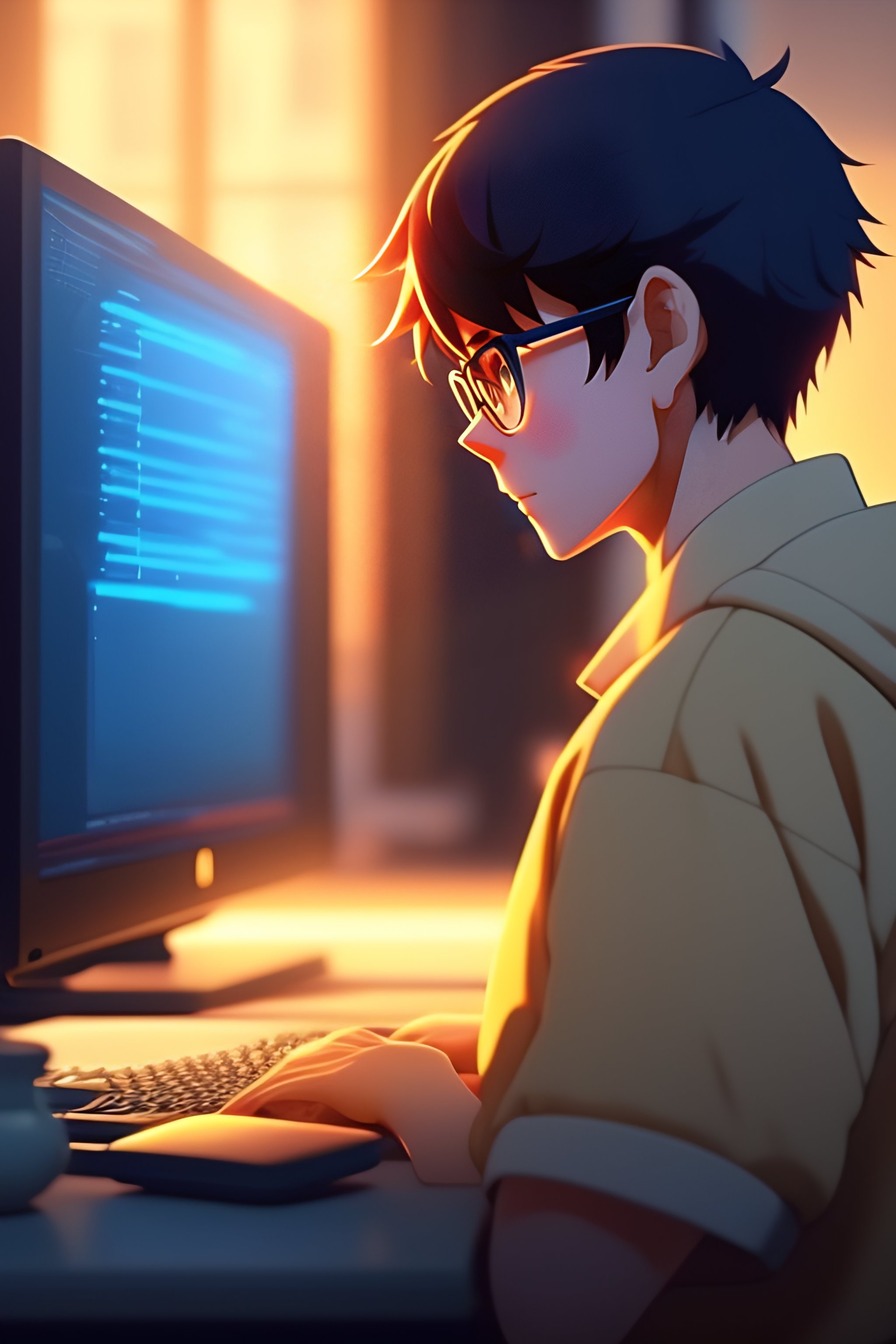 Lexica - A nerdy boy is programming at a computer in a room full of ...