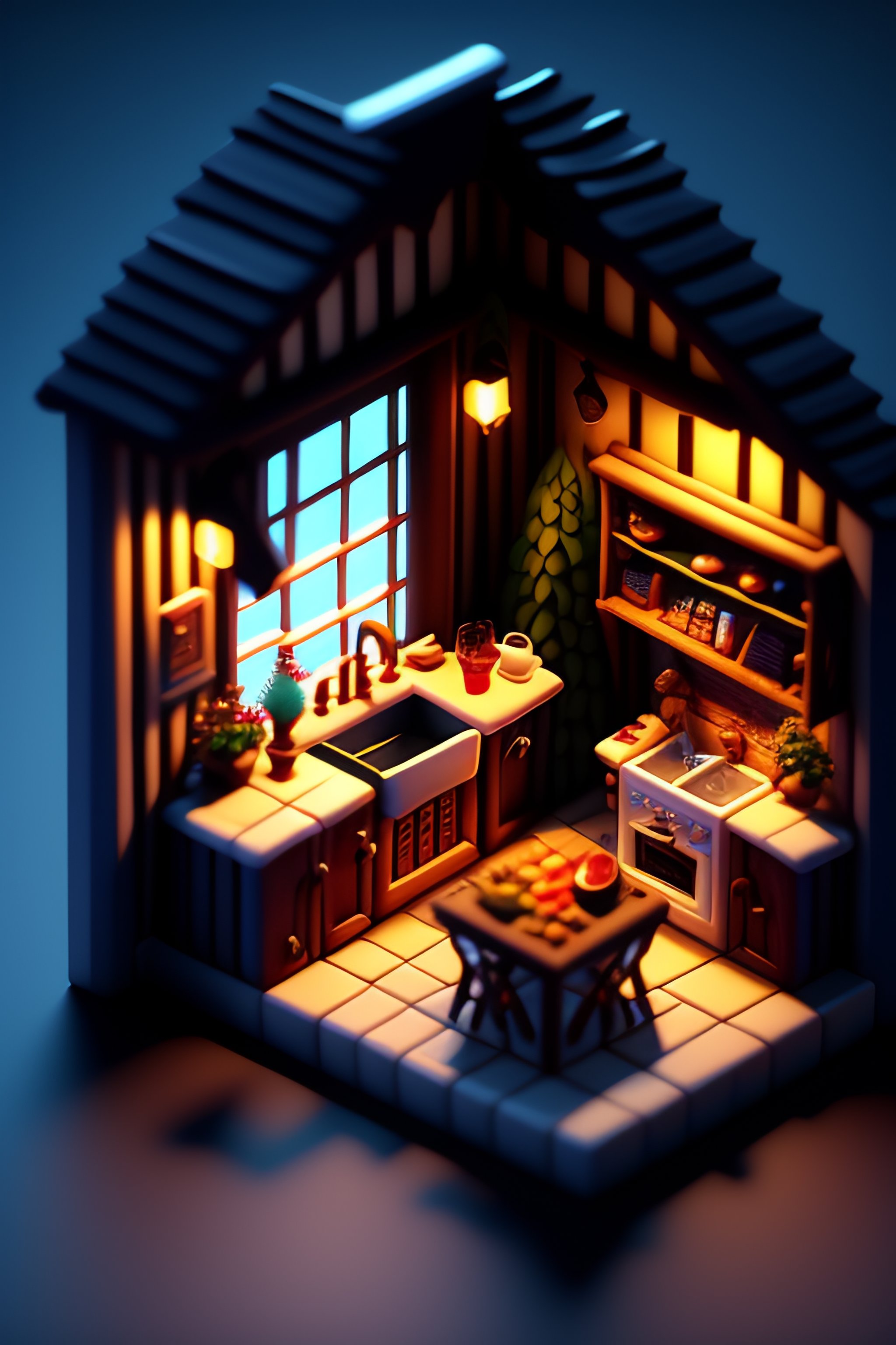 Lexica - Isometric render of the kitchen interior of a scary village ...