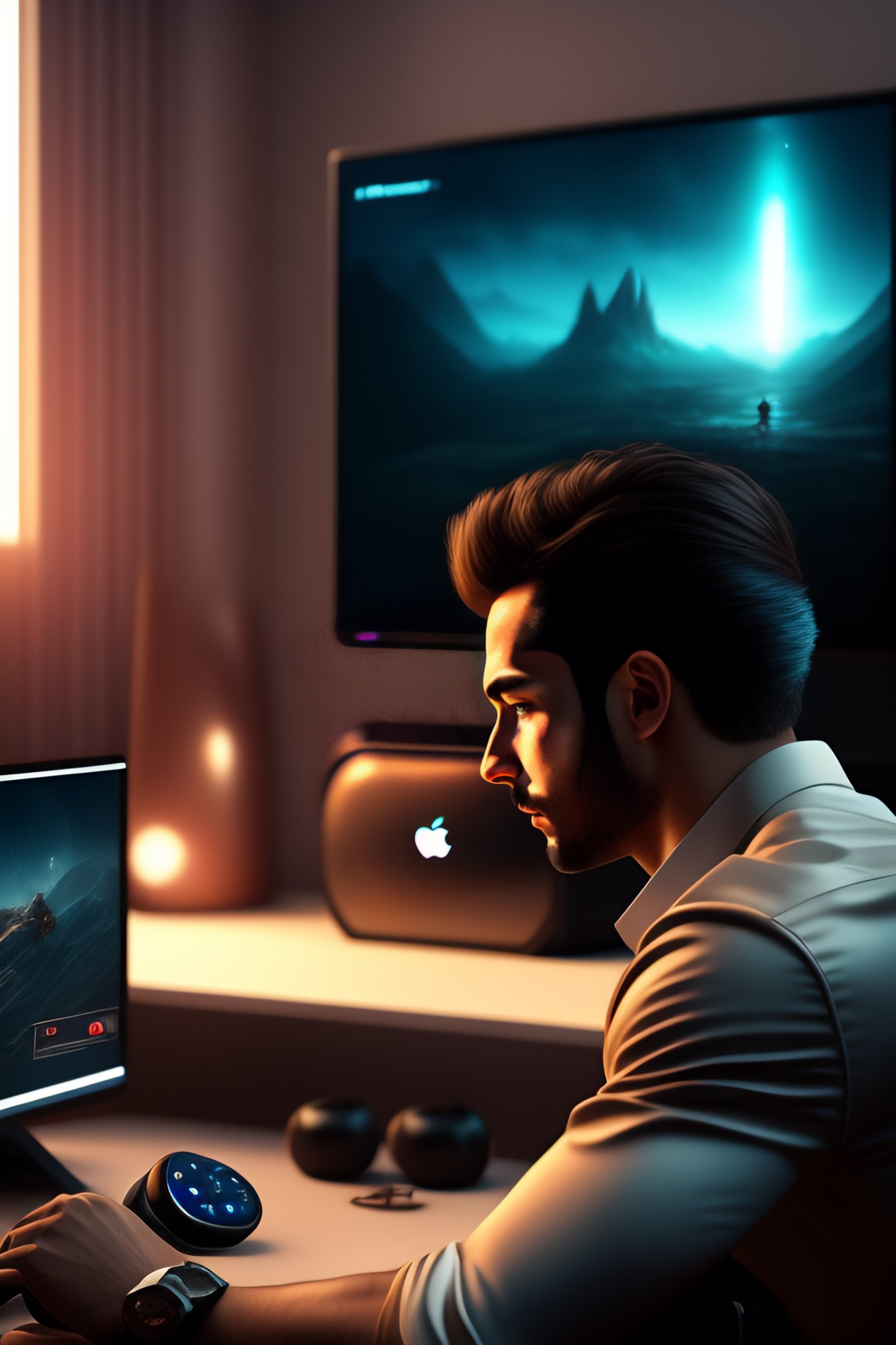 Lexica - Realistic successful man using laptop in gaming room, artstation trends, future concept ...