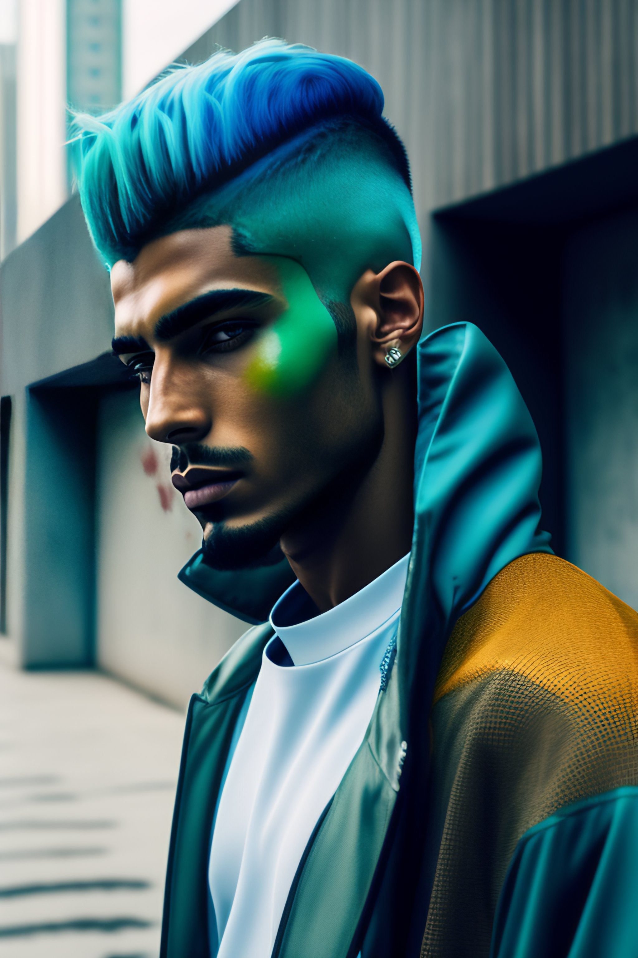 Lexica - Portrait of beautiful arab cyberpunk male V with blue green ...