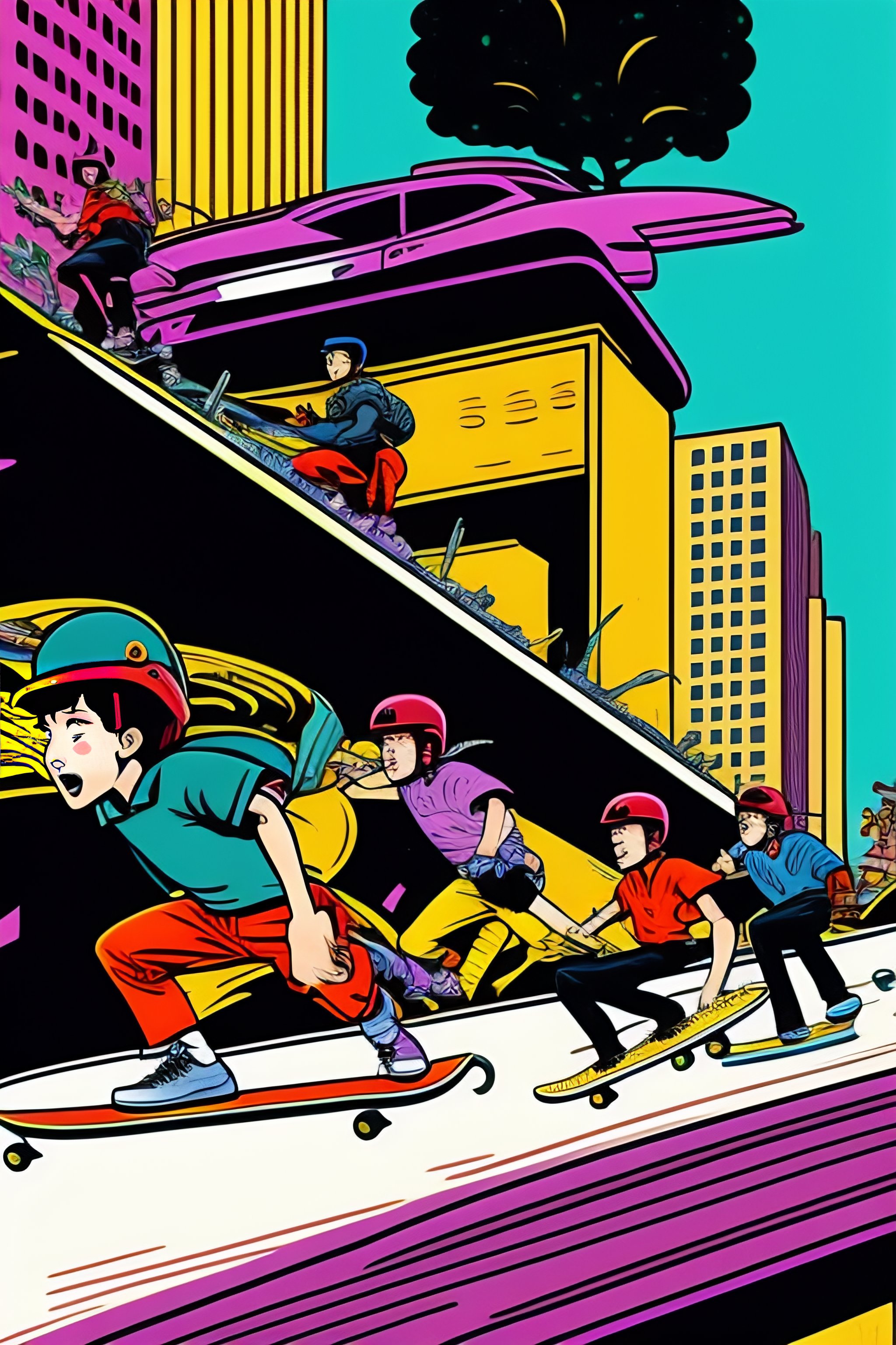 Lexica - 90s comic Graphic art of a bunch of friends riding skateboards ...