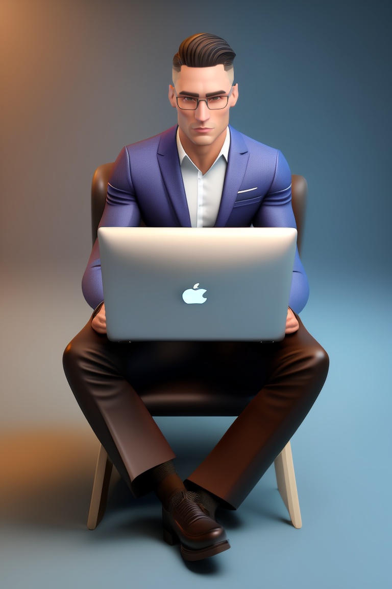 Lexica - Front Picture Pose of a man sitting in a chair with a laptop ...