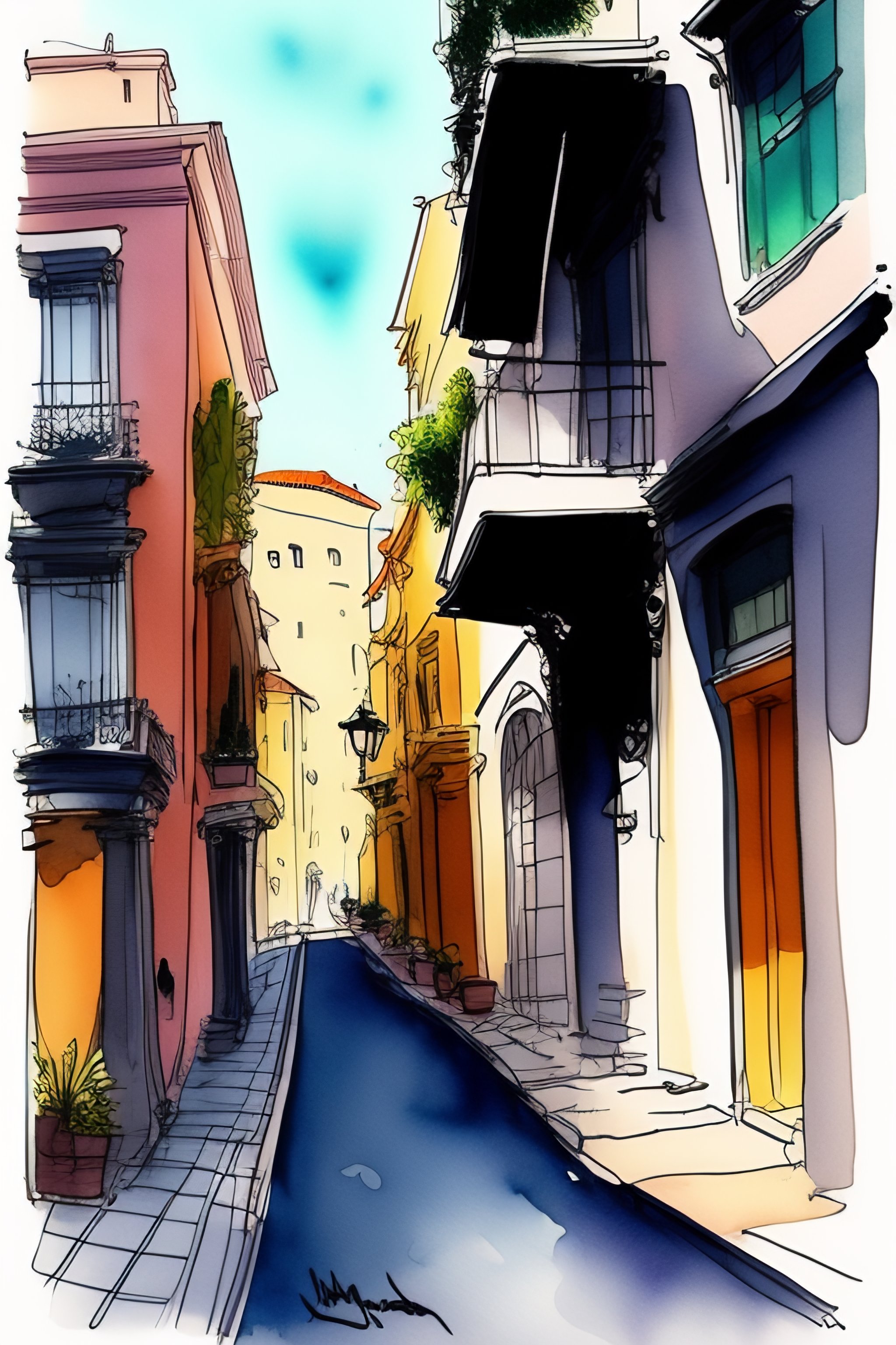 Lexica - A loose ink sketching with watercolors of a modern Athens ...