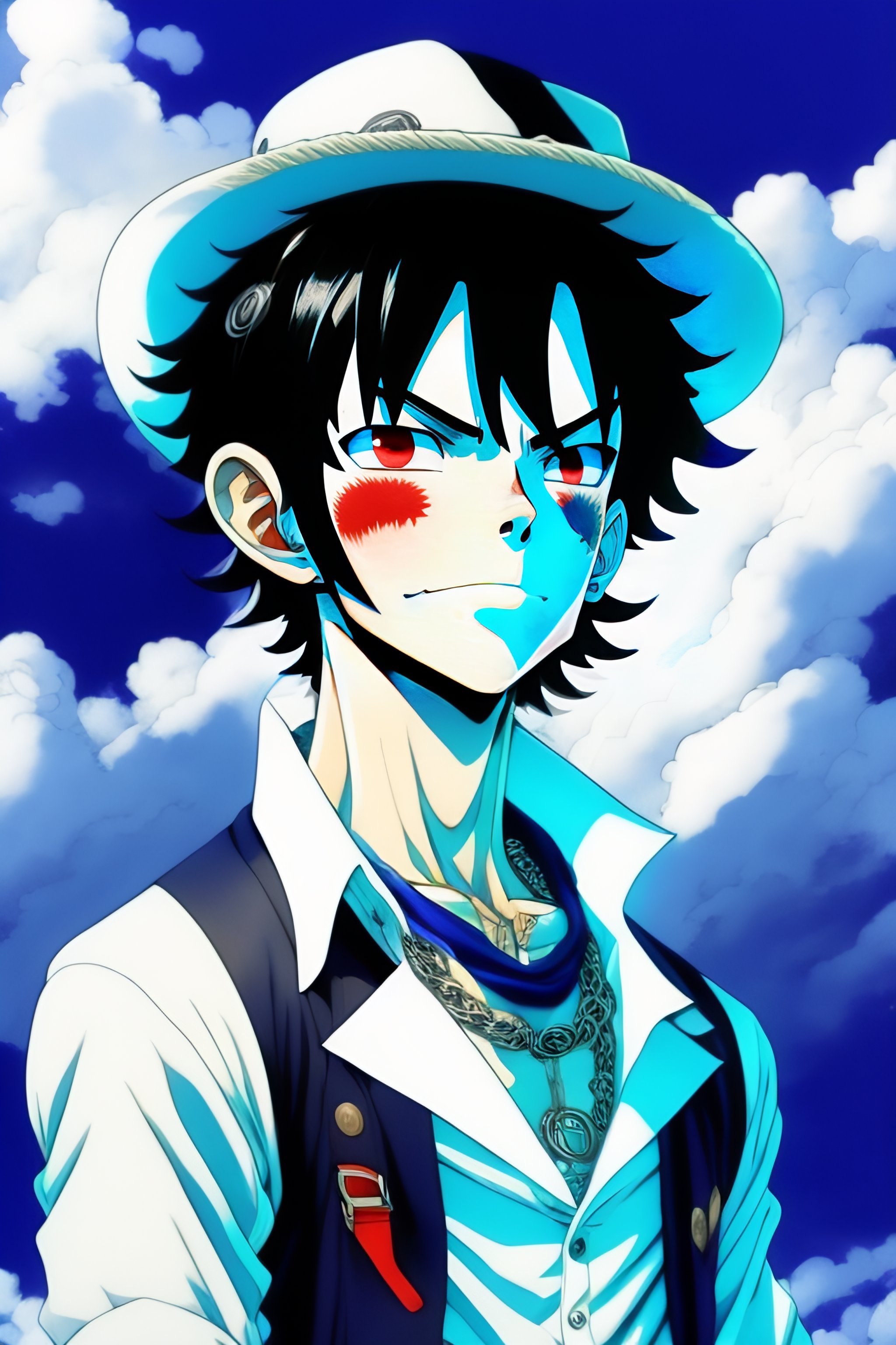 Lexica - Portrait de Monkey D Luffy en costard bleu et blanc à la ...