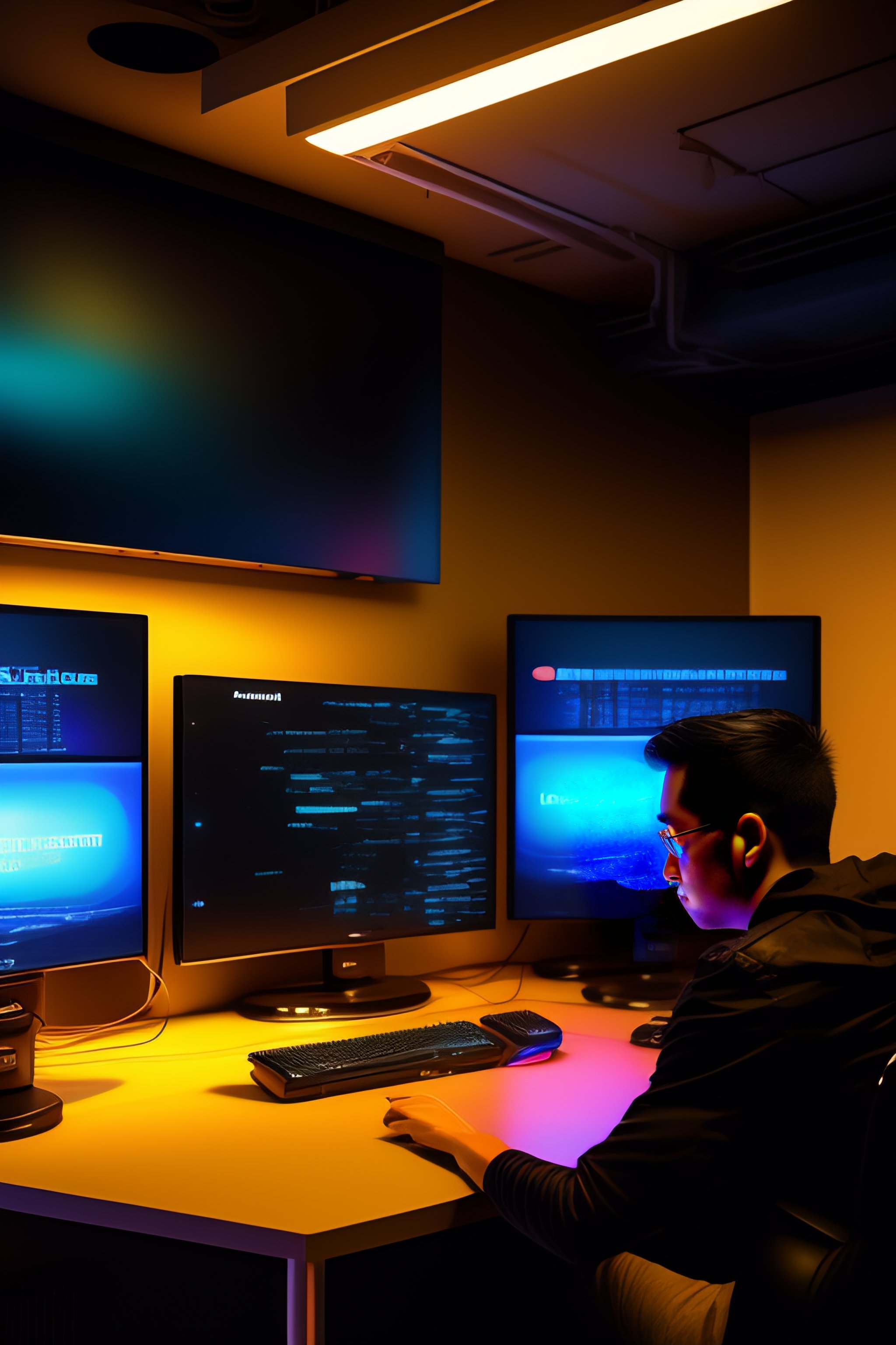 Lexica - Hacker using a two computers with 3 monitors each. One ...