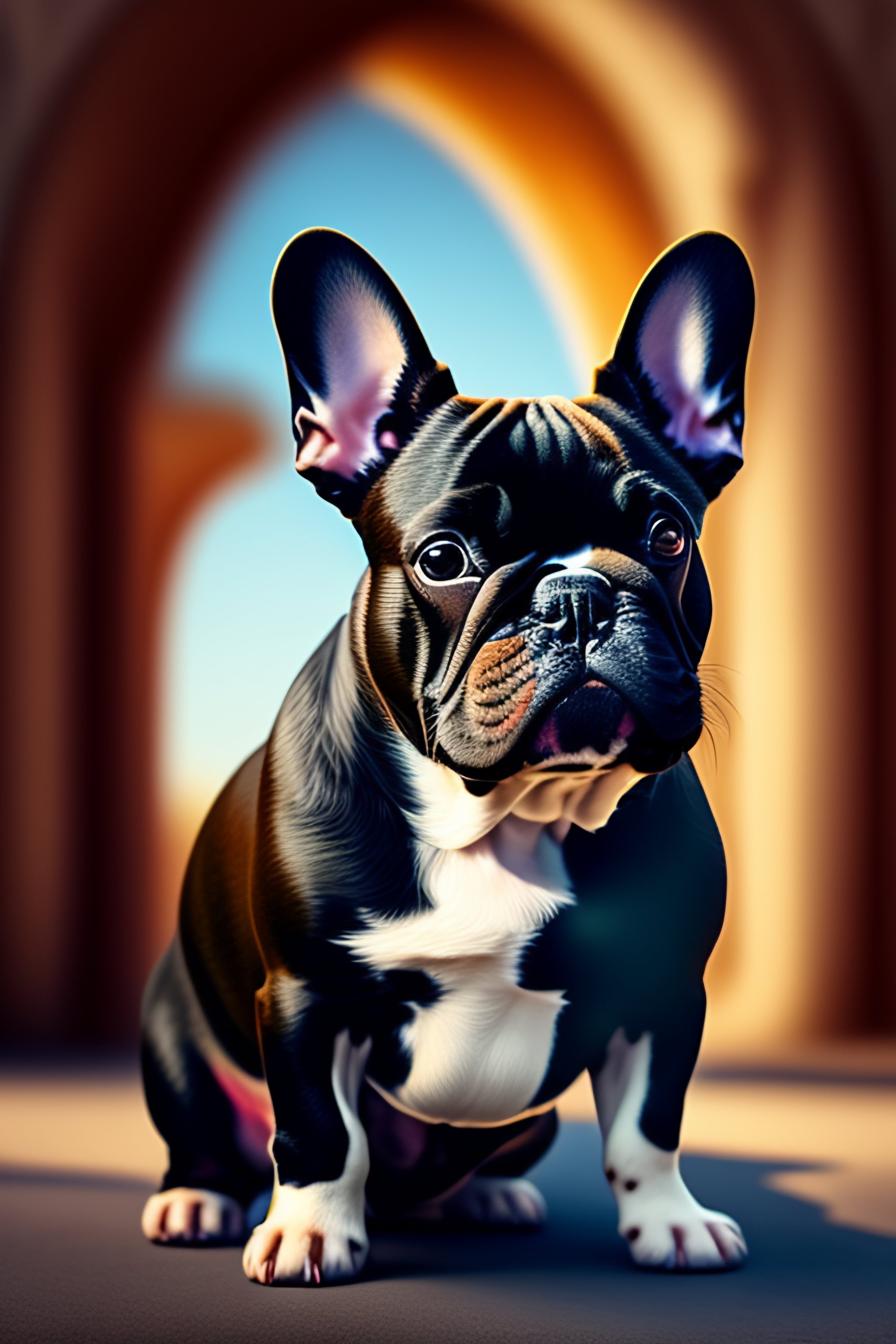 Lexica - French bulldog holding gun in front of a castle