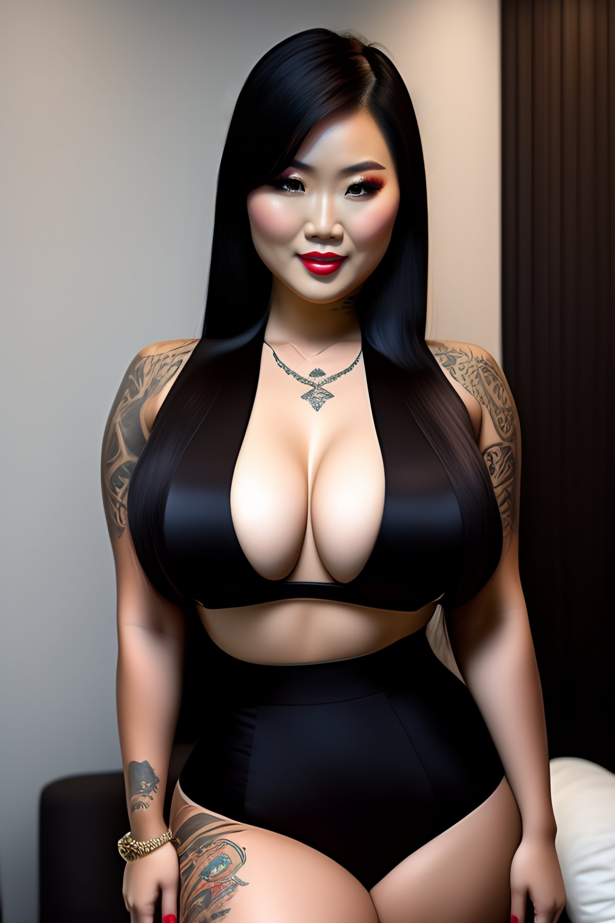 Lexica - Thick asian woman with queen of spade tattoo, Wide hips, Perfect body