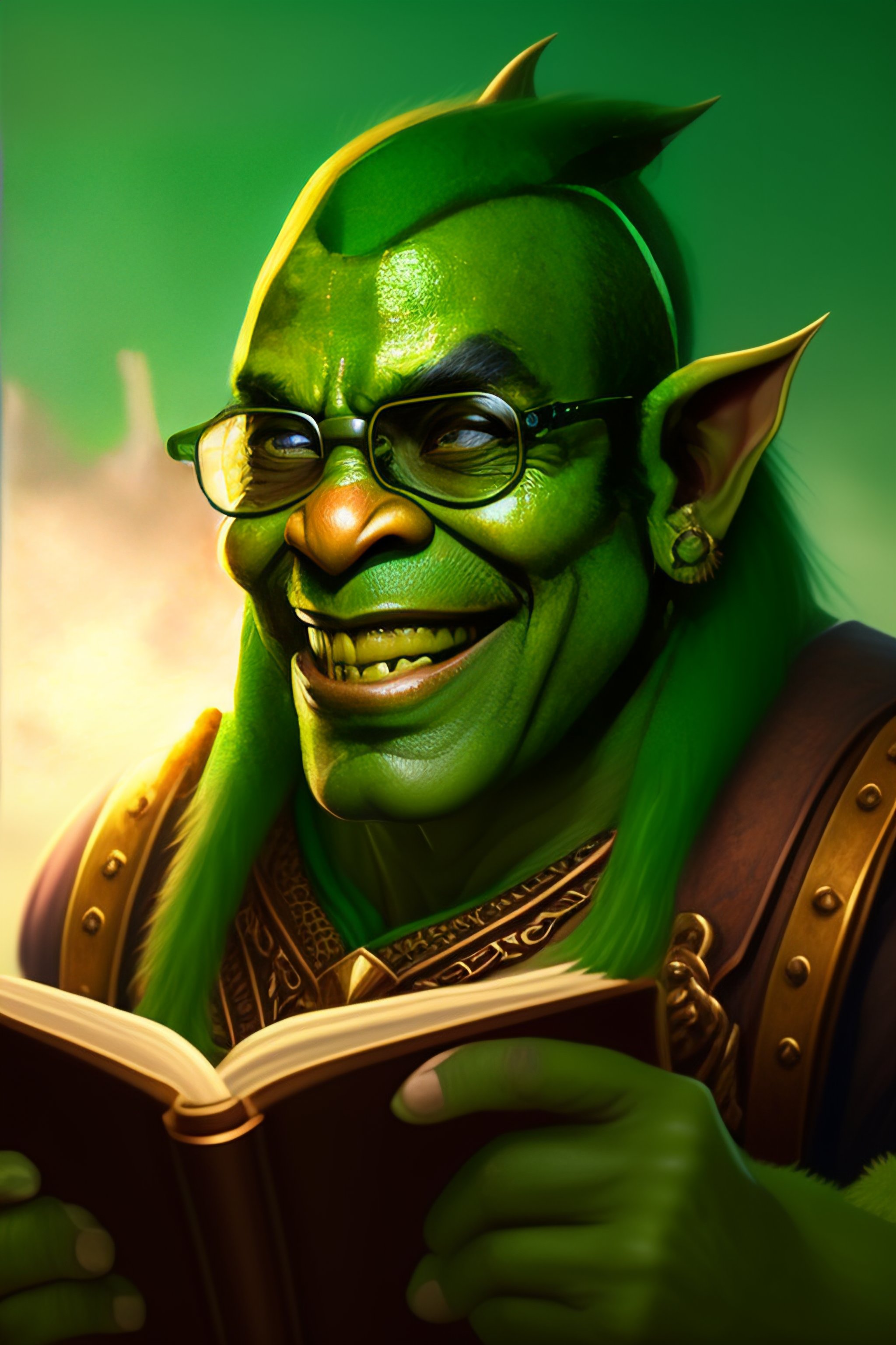 Lexica - A well-drawn friendly kind dark-green orc with a kind smile ...
