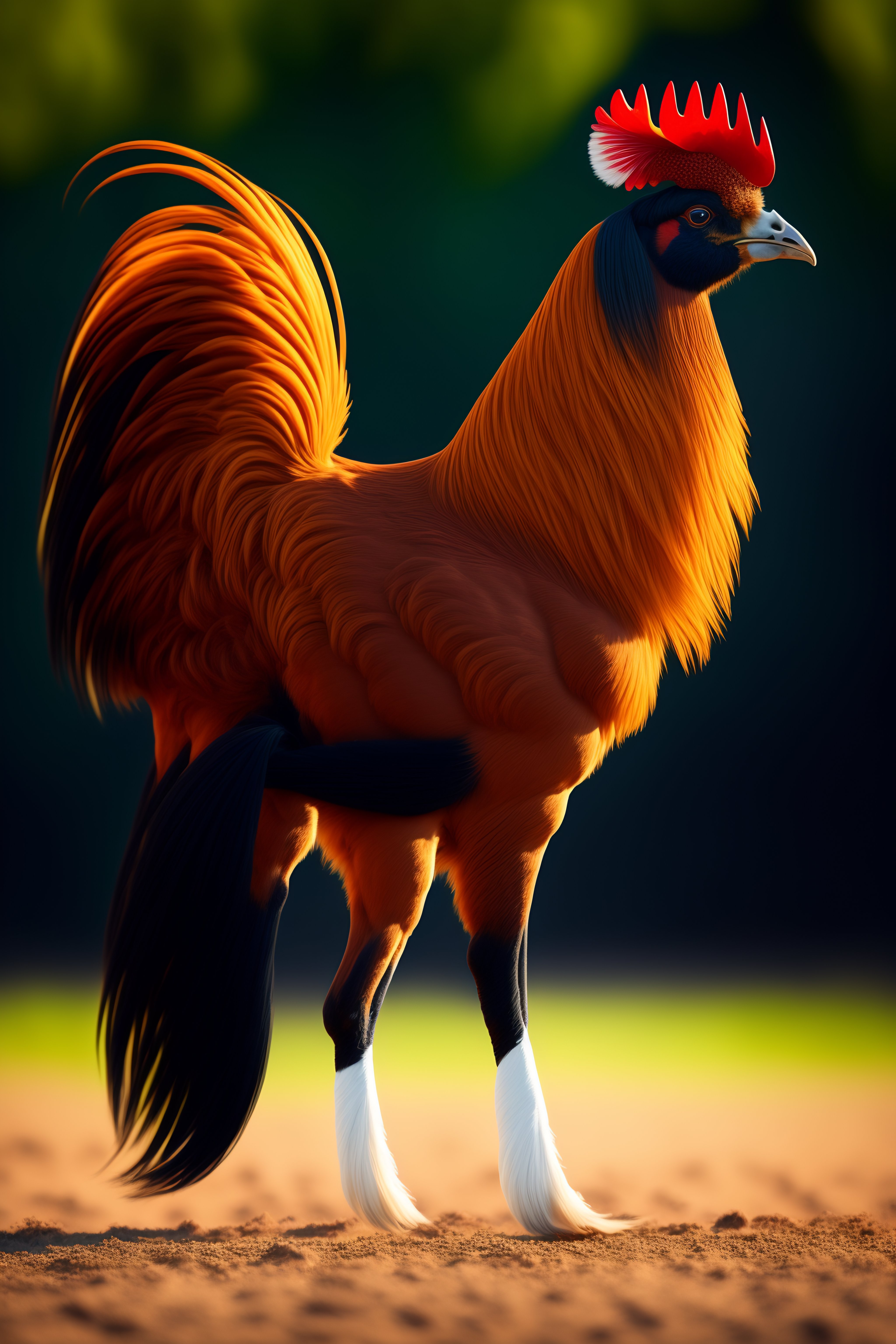 Lexica - A rooster like a horse standing on its hind legs