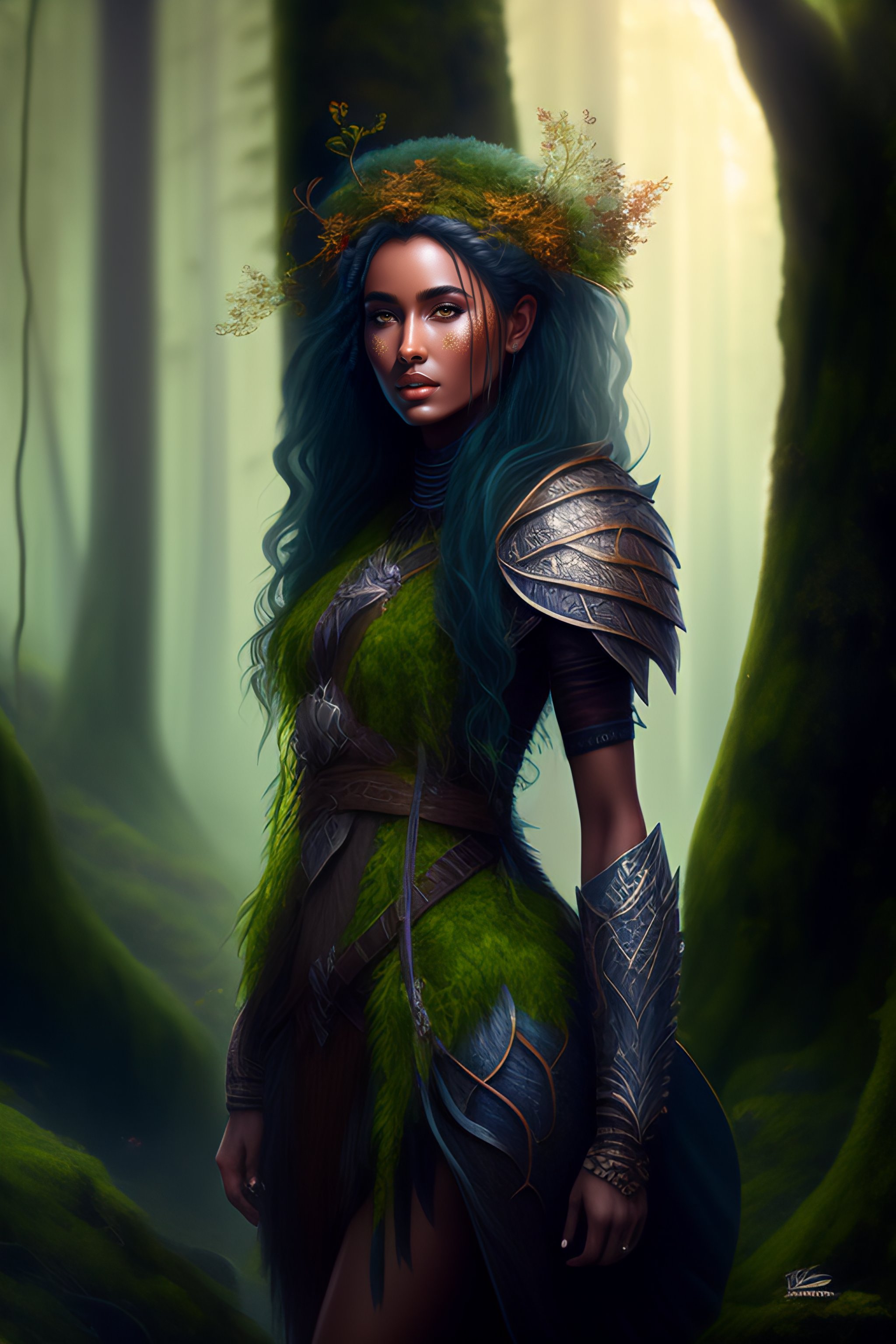 Lexica - Photorealistic, Dryad with skin of moss and armor of bark ...