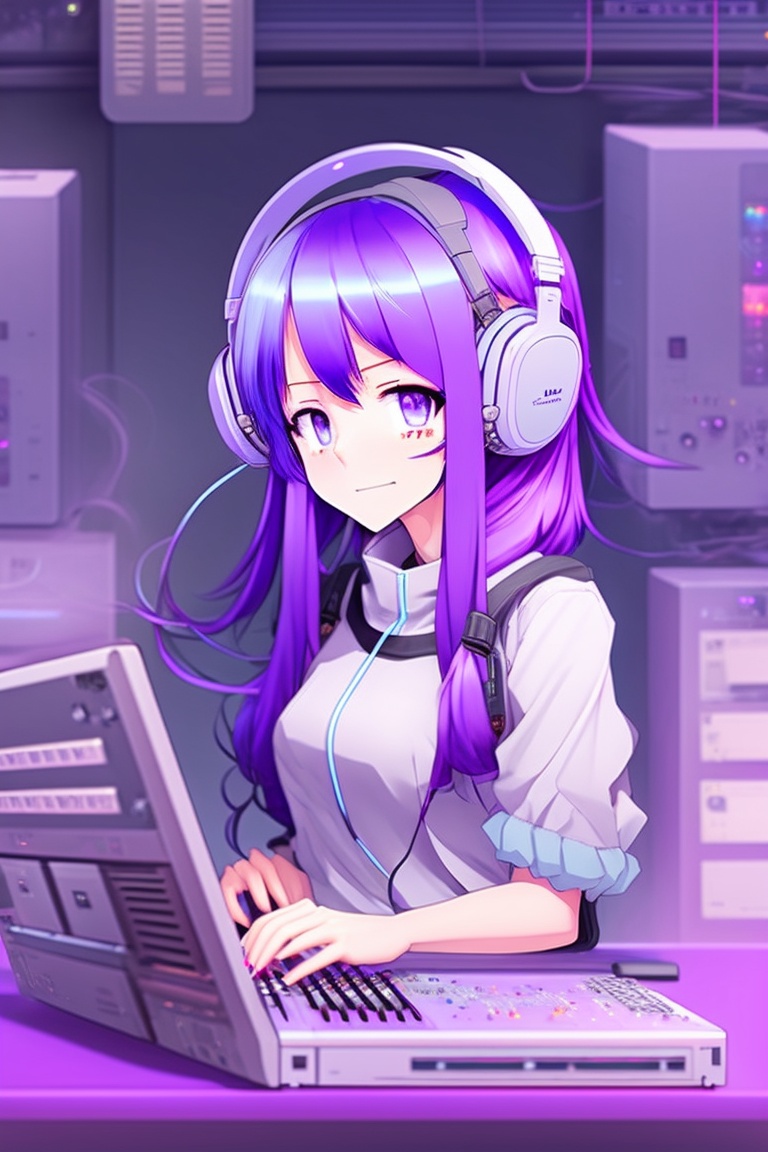 Lexica - Anime girl with purple hair, programming a modular synthesizer ...