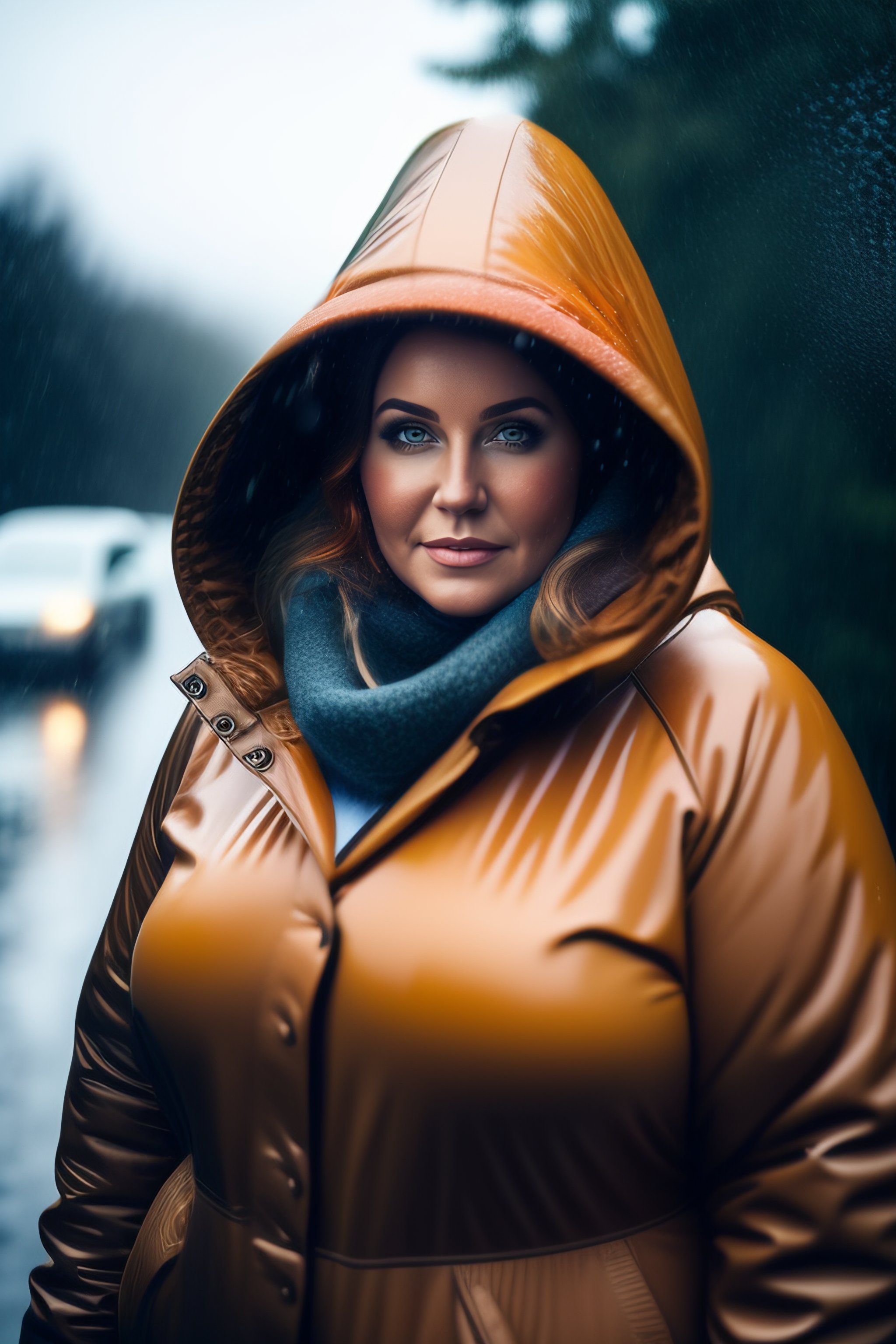 Lexica - Full-figured shapely Swedish woman wearing wet hoodie, stormy ...