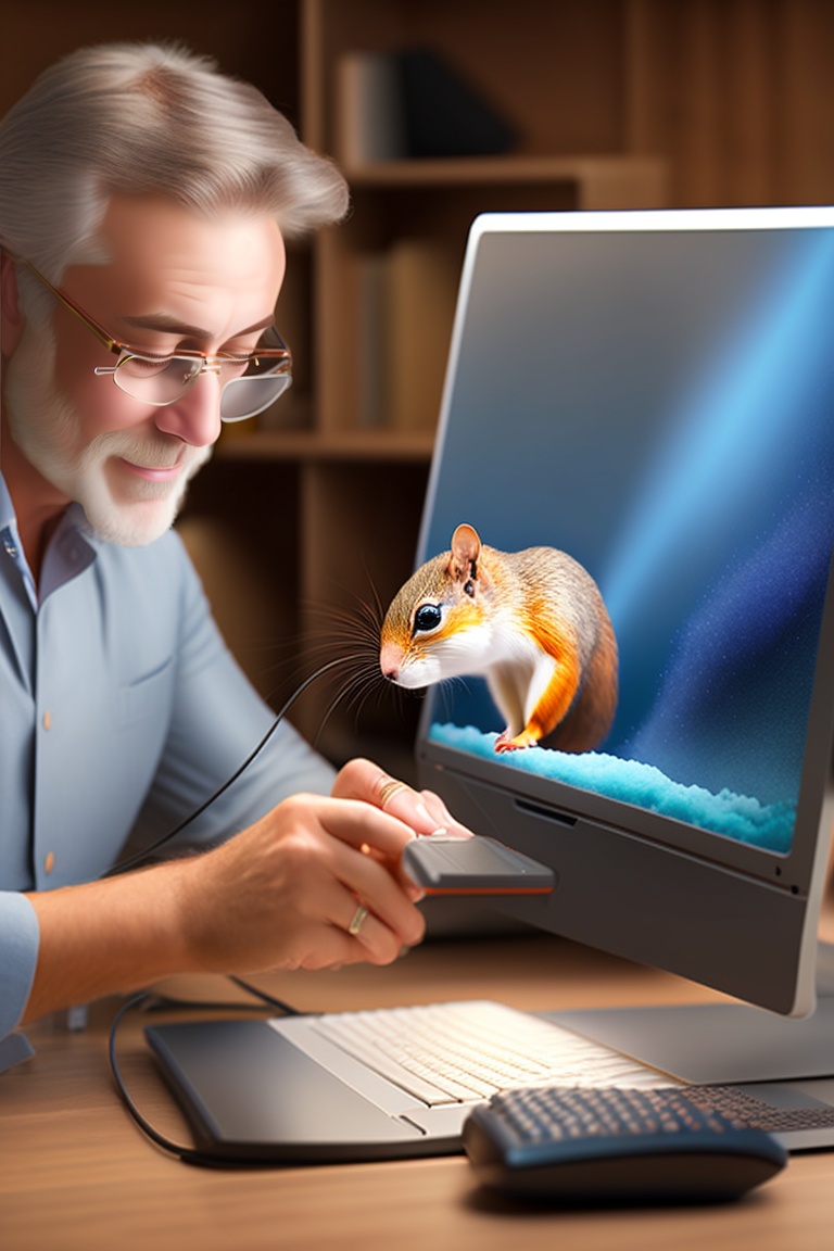 Lexica - A man playing with small squirrel, low hair, using computer