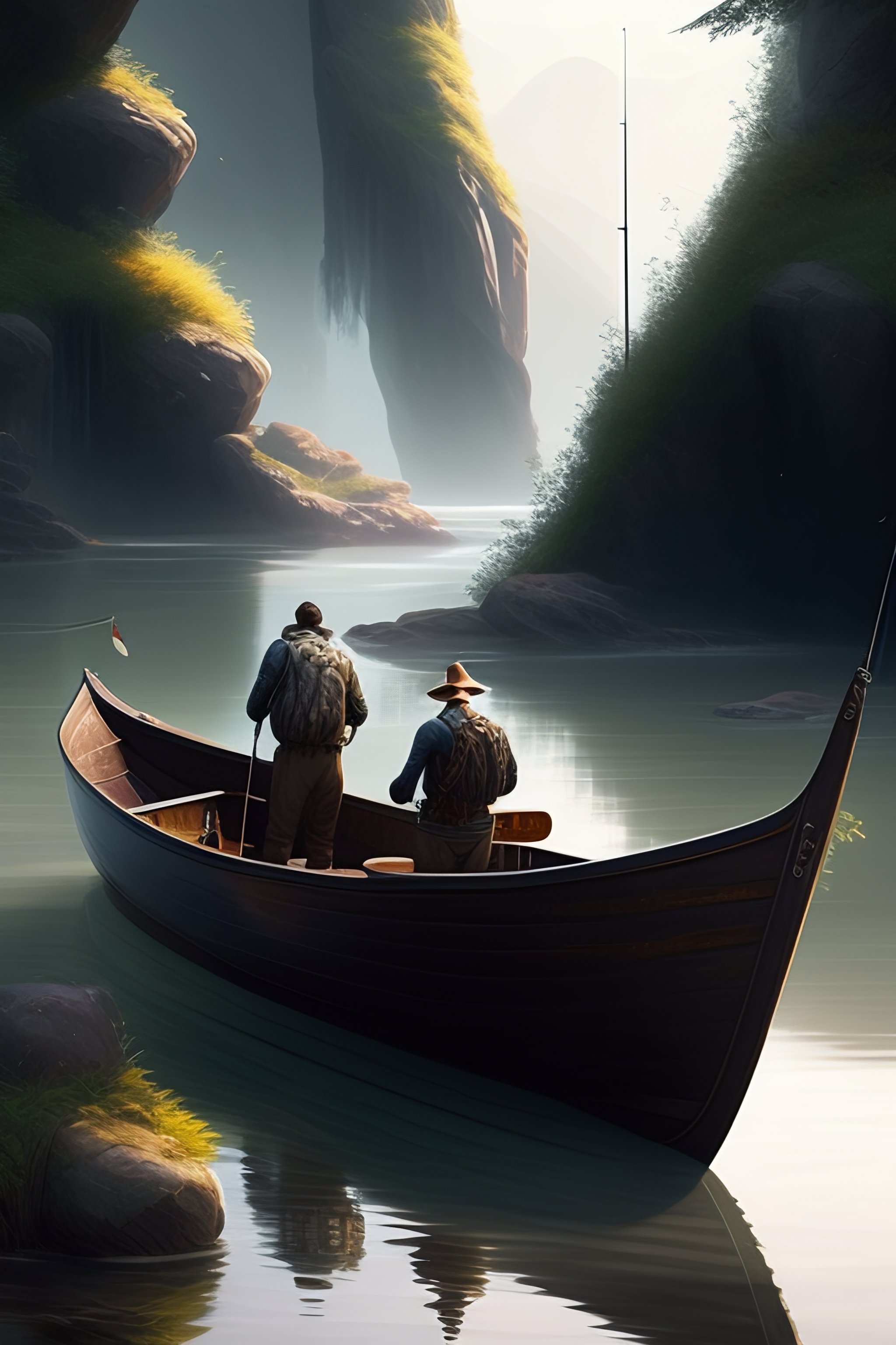 Lexica - 2 friends with fishing rods in a boat fishing in a hidden ...