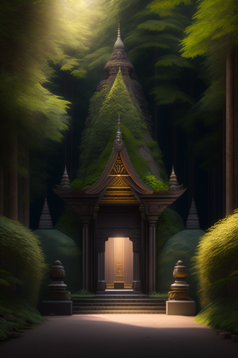 Lexica - An ancient, overgrown temple hidden amidst towering trees, its ...