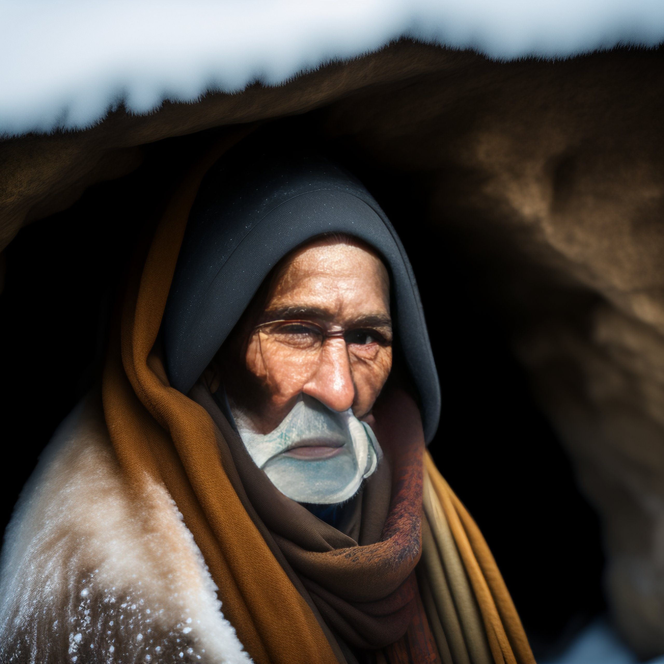 Lexica - Portret of old shaman in skin clothes looking out of the cave ...