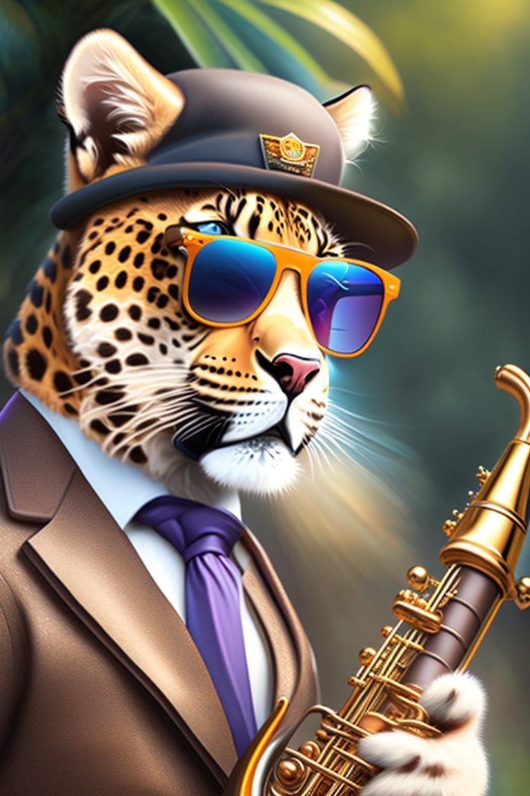 Lexica - Leopard, playing saxophone, sun glasses, blues brothers, jungle