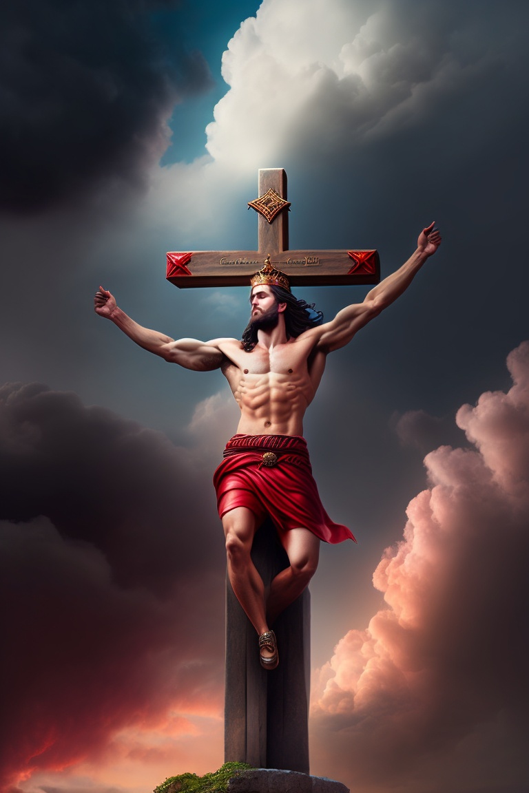 Lexica - Jesus on a cross with clouds and thunder around Him, wearing a ...