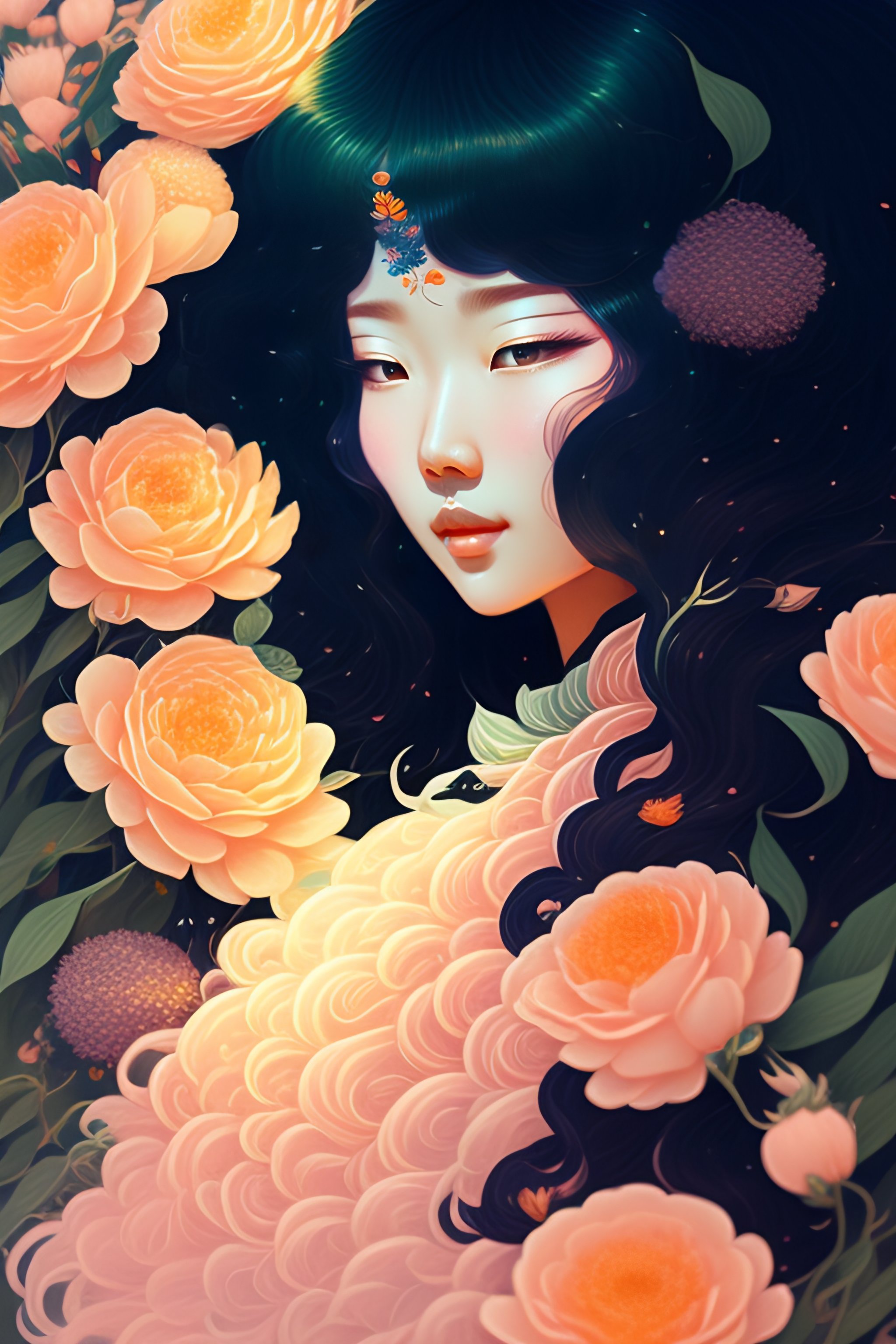 Lexica - Beautiful cute front portrait Korean ninfa, big long curly ...