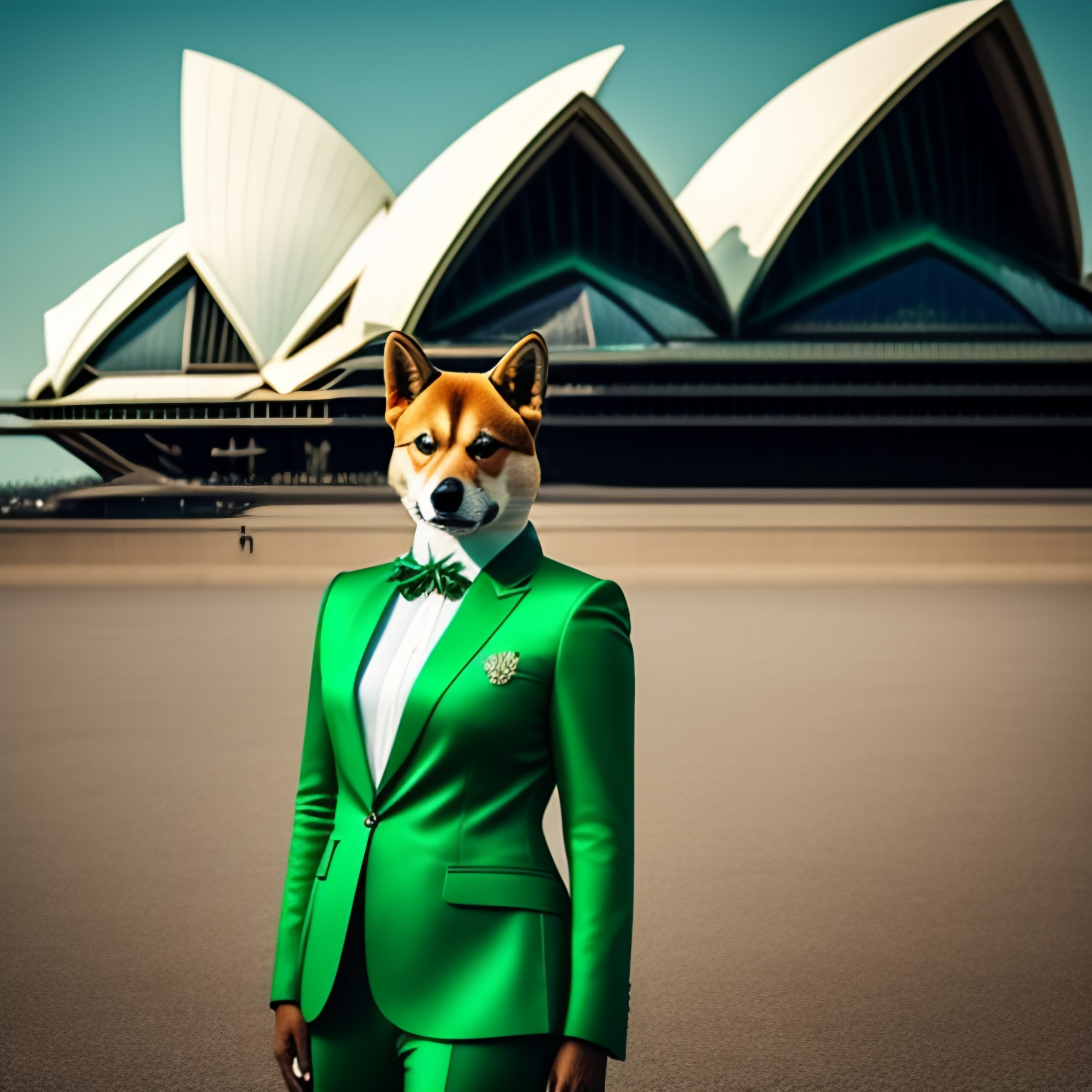 Lexica - Medium Shot of a standing shiba inu dressed in a fancy green ...