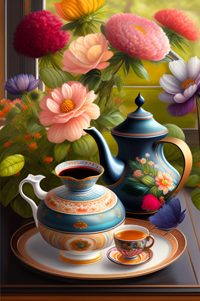 Lexica - A flower garden with a table set for afternoon tea, with ...