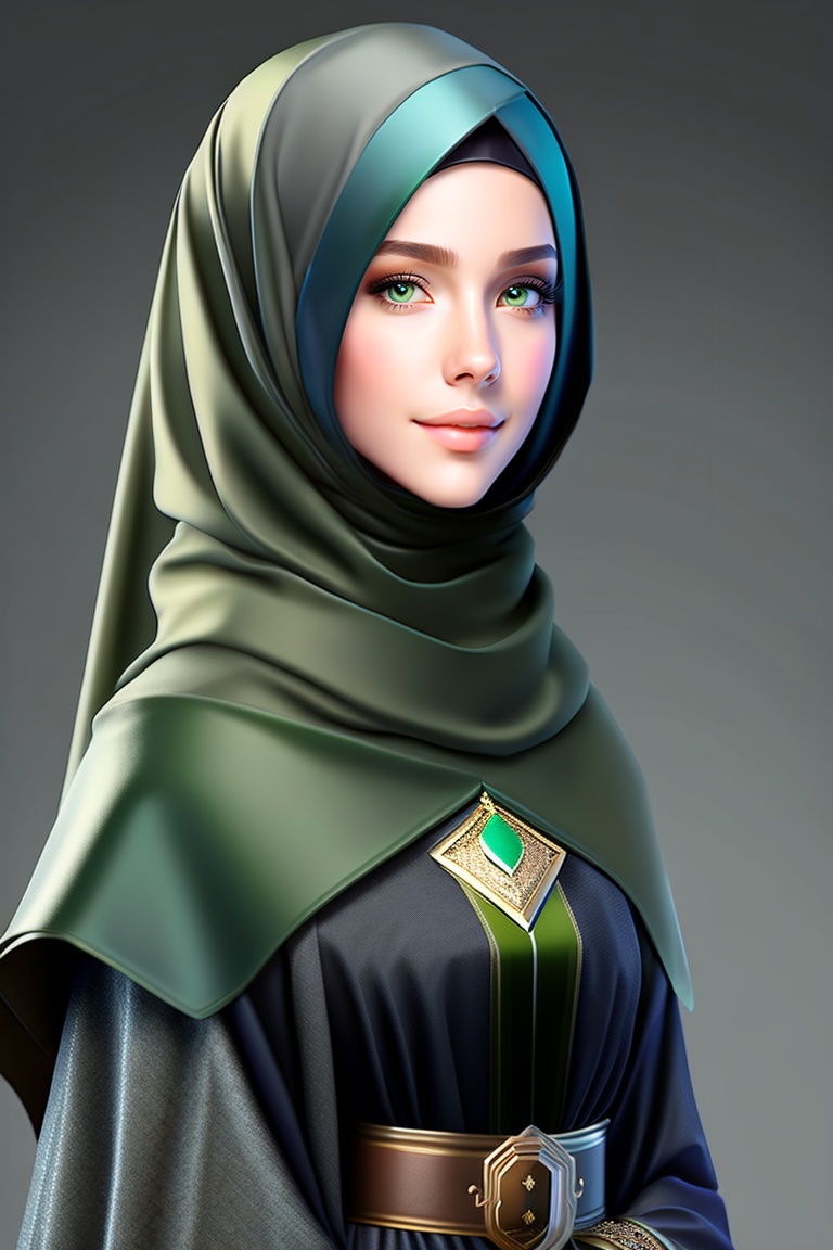 Lexica - Cute hijab girl wearing medieval mage clothing،Green eyes, gray dress, solid background