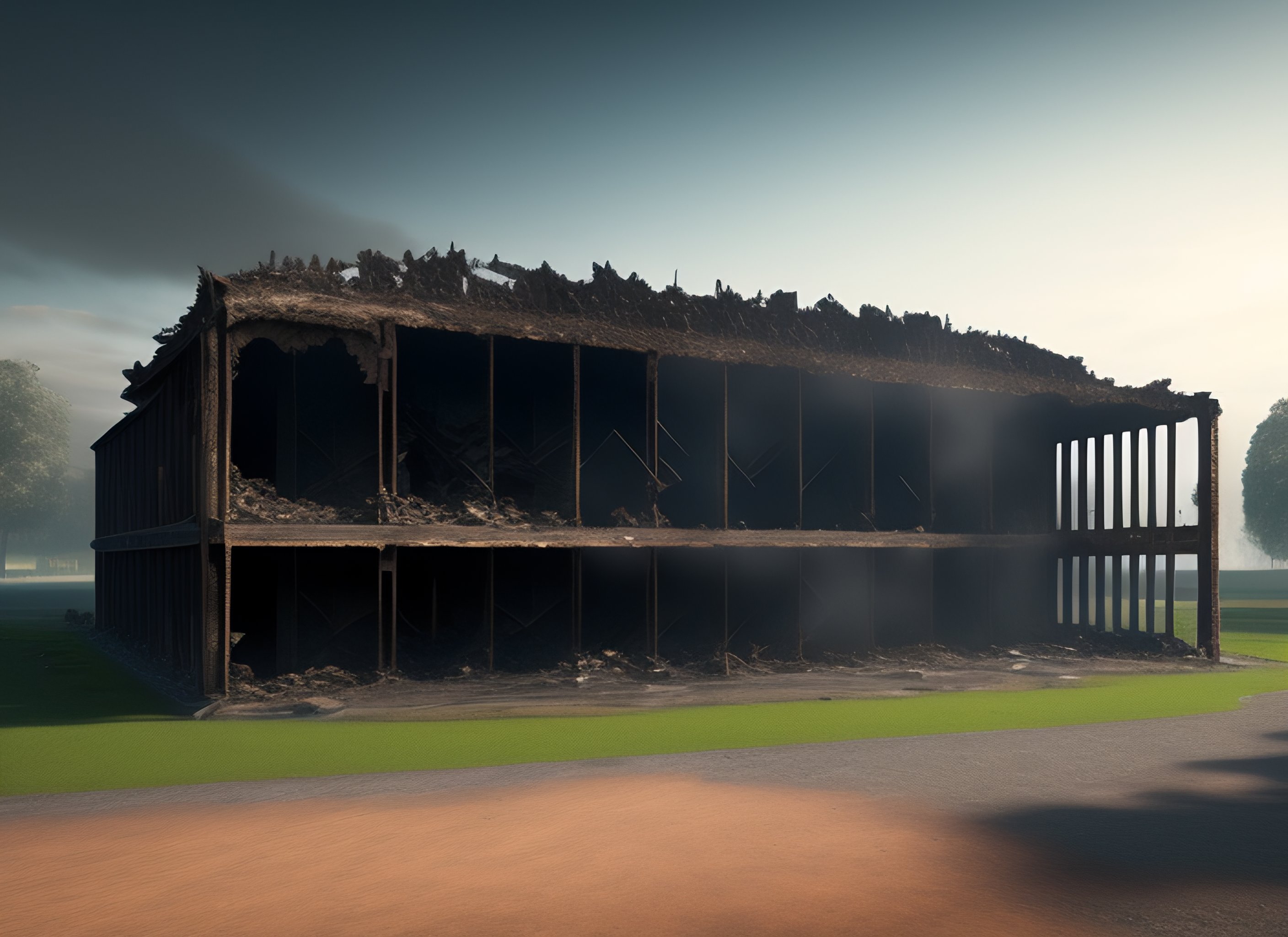 Lexica - Burnt down hall building. foreground, realistic, completely ...