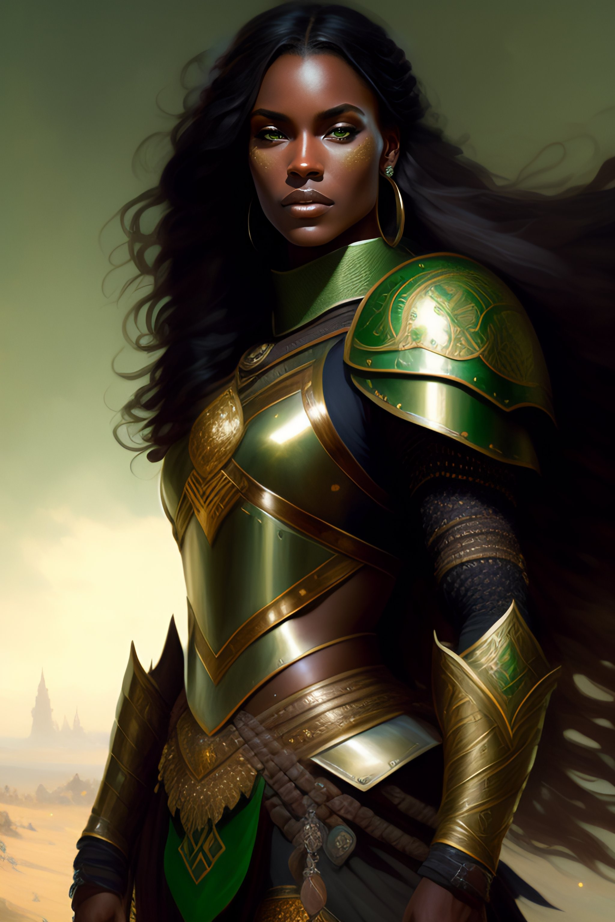 Lexica - Full body portrait of a rugged female warrior dark skin medium ...