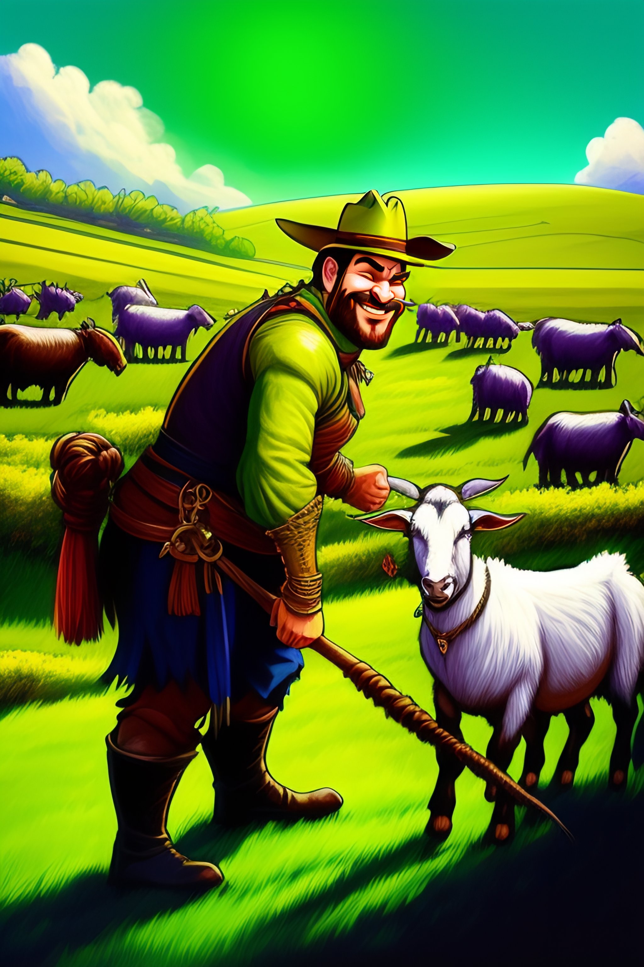 Lexica - A happy orc holding a whip while herding goats, green fields ...