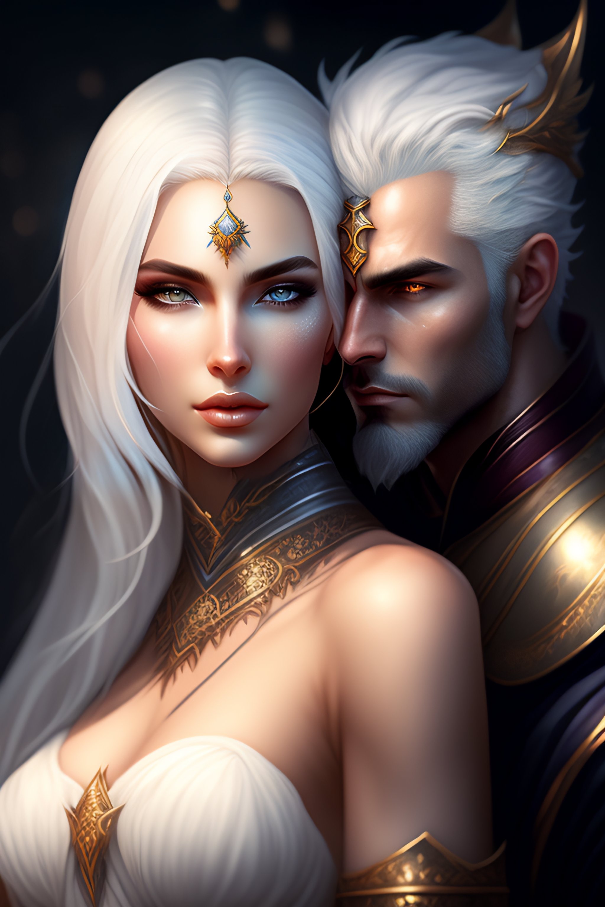 Lexica - Mage godess with white hair, mage god with black hair, pale skin, fantasy, in love ...