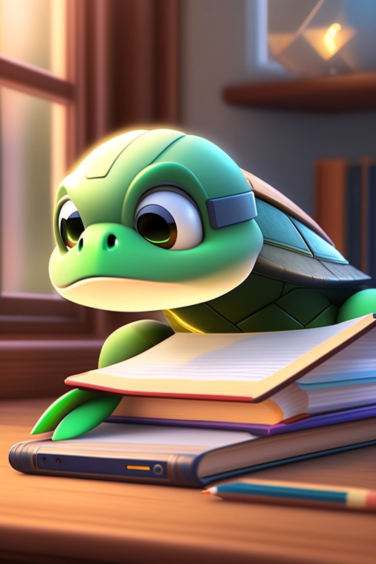 Lexica - A Pixar 3D image of a cute humanoid turtle studying, during ...