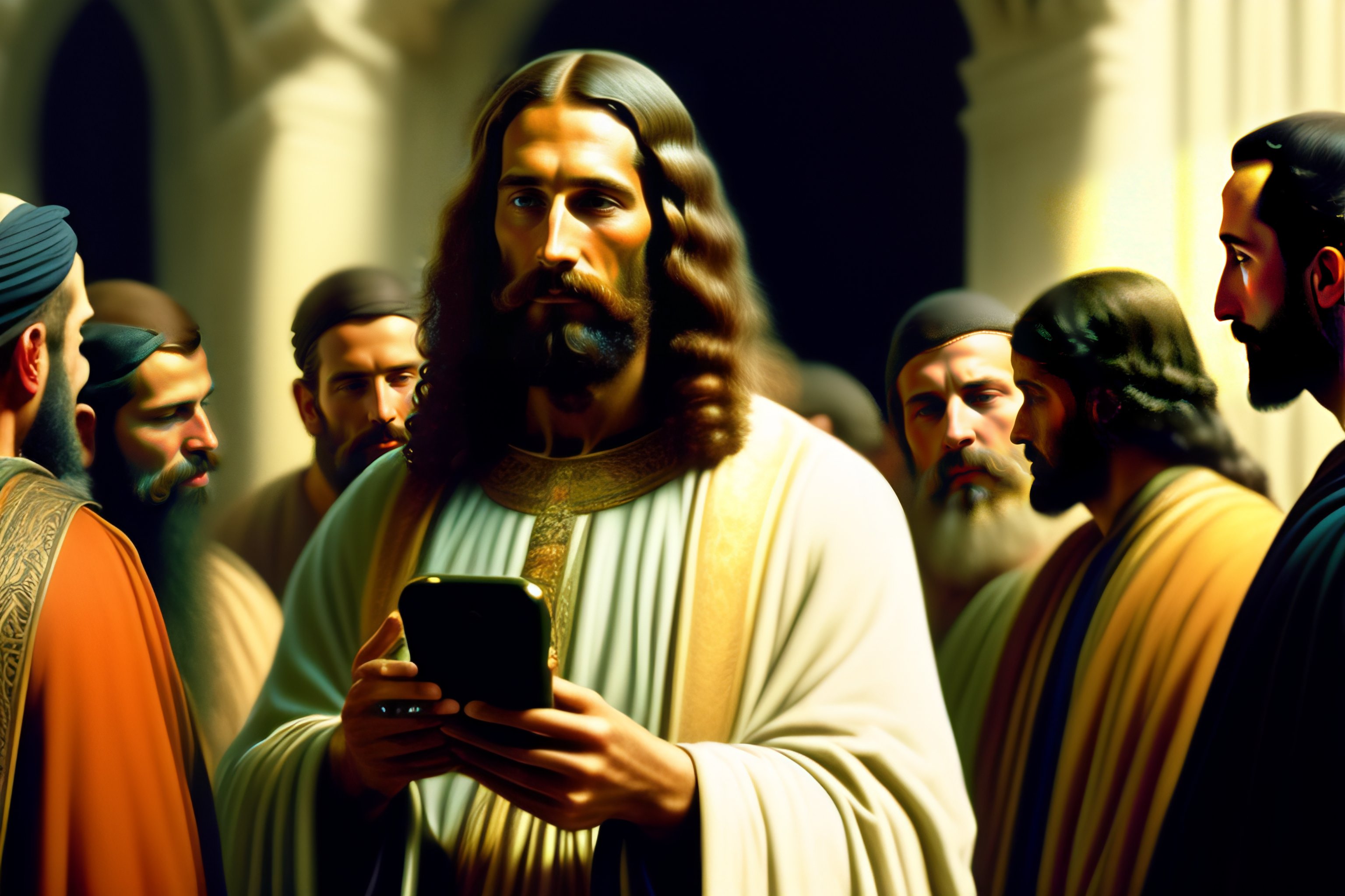 Lexica - Old color photo, year 1, jesus christ is speaking on smartphone