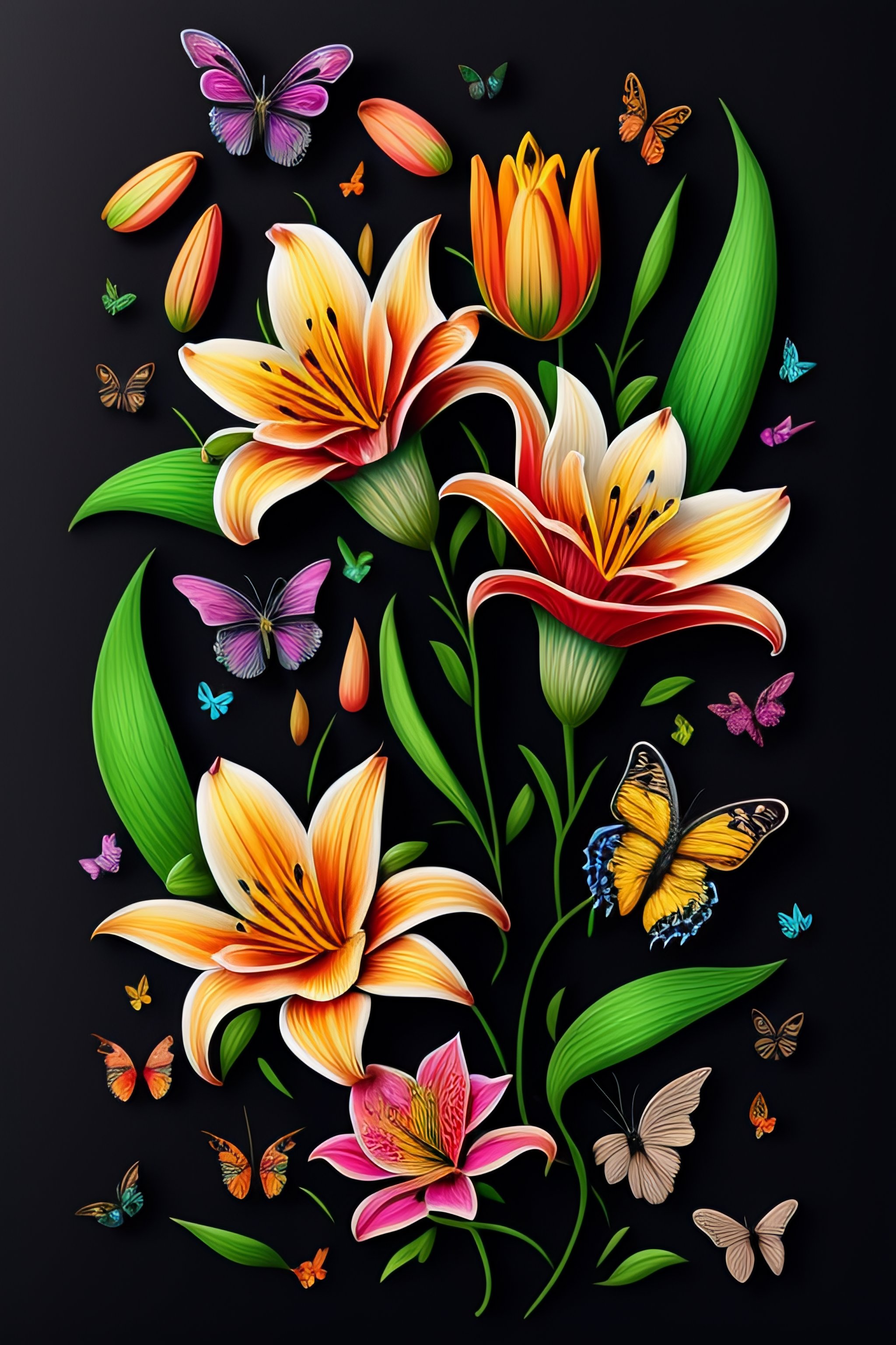 Lexica - Colorful, lilies and butterflies on pale black paper, very ...