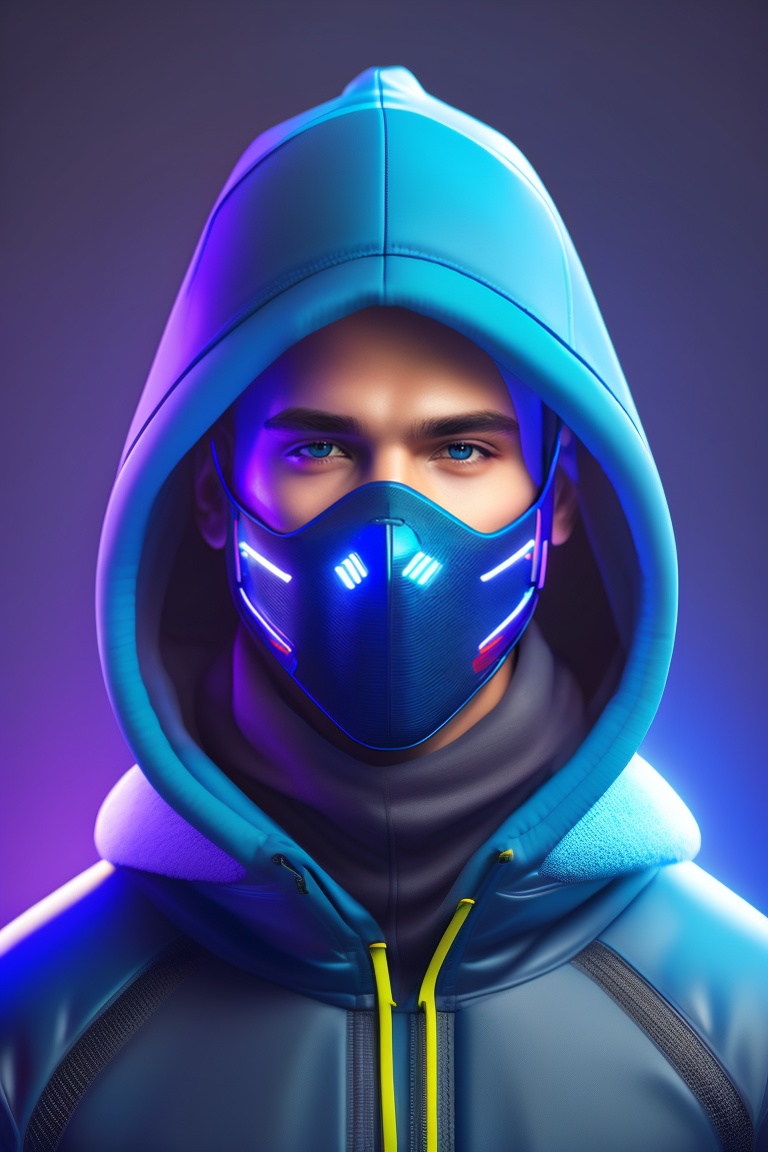 Lexica - Character, male, hooded, encourager, leader, neon, blue, mask ...