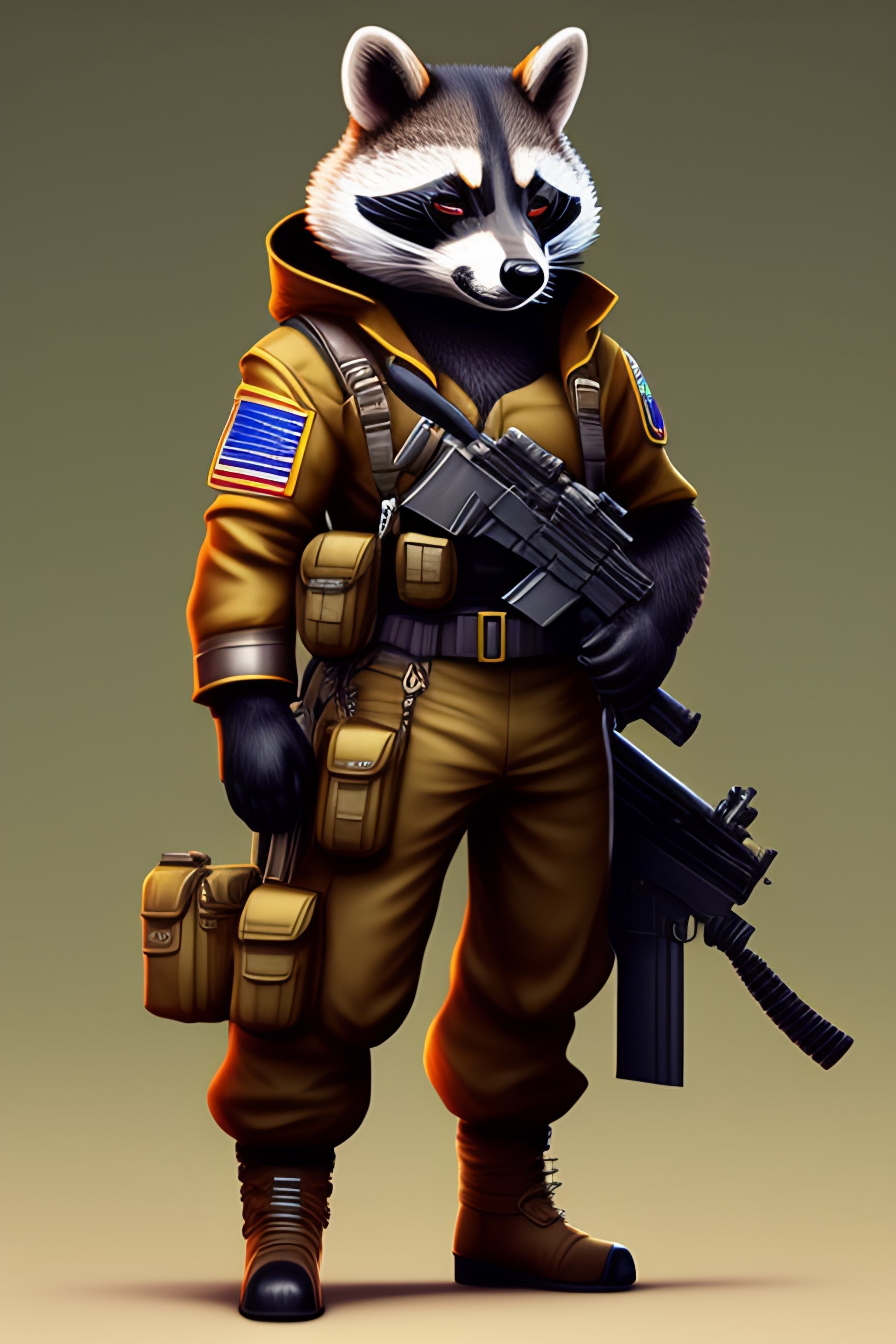 Lexica - Anthro furry humanoid racoon, military uniform, holding a ...
