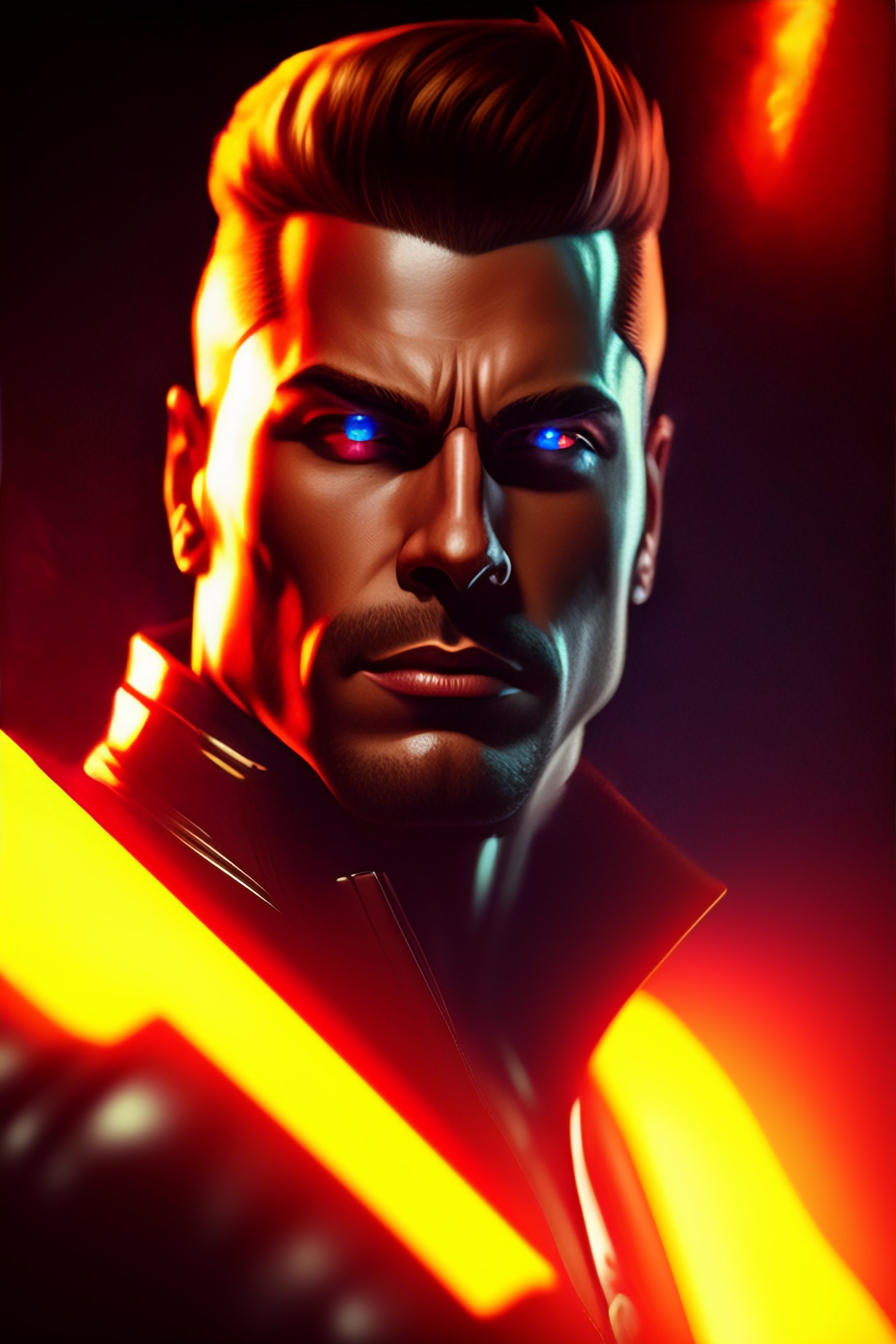 Lexica - A closeup portrait of duke nukem, dramatic light, explosion ...