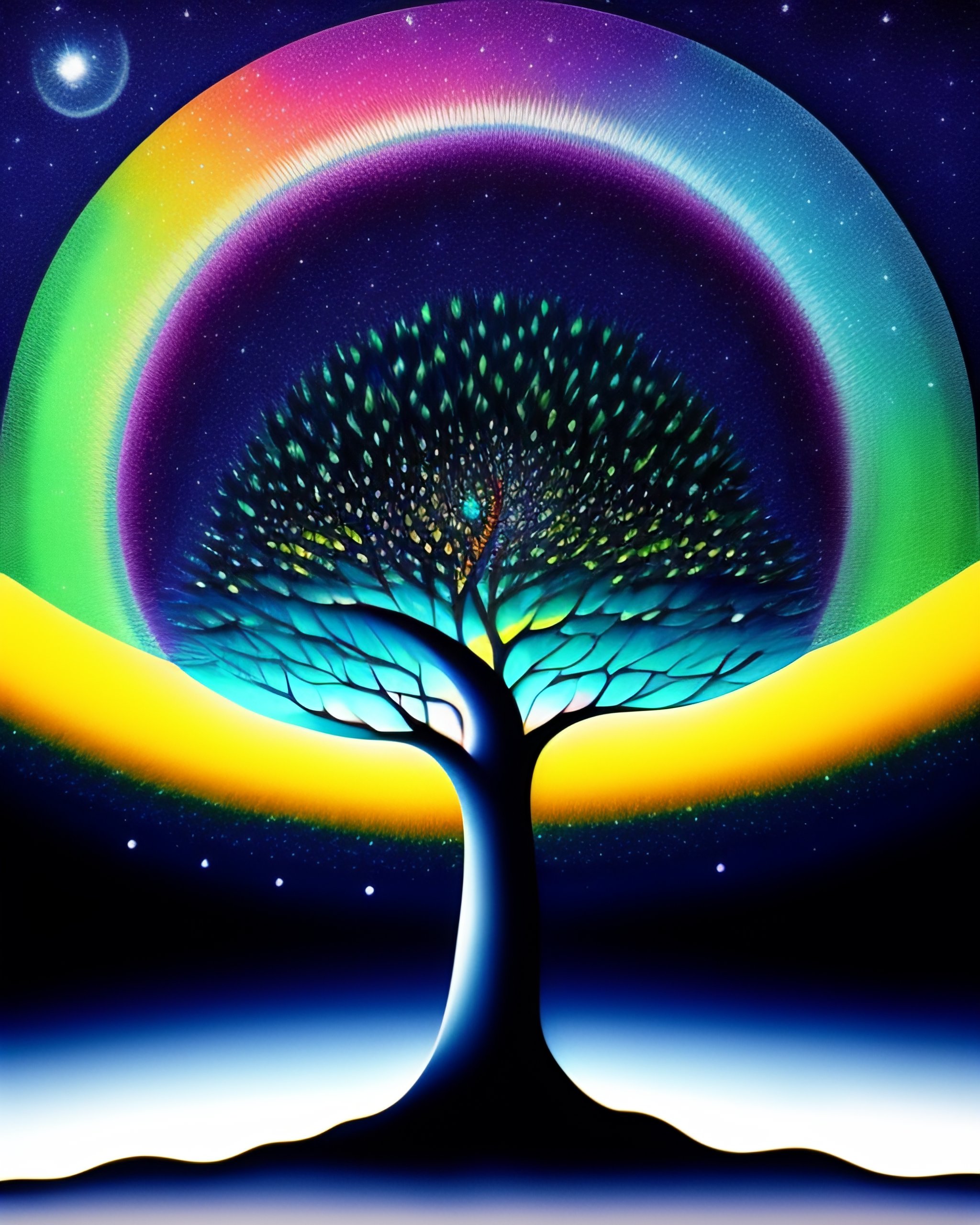 Lexica - Pen drawing of a tree on the moon, outer space, rainbow colors ...