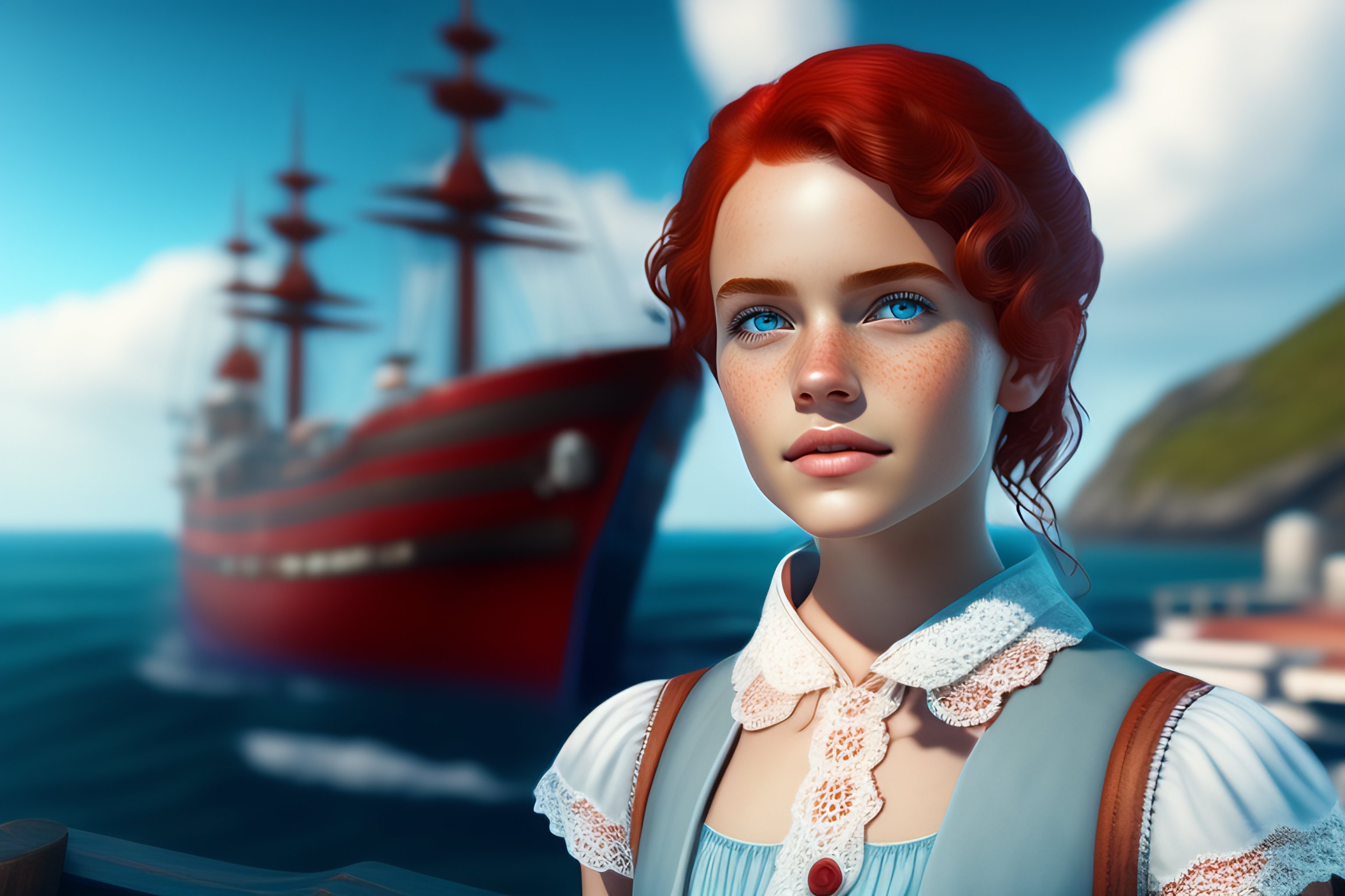 Lexica - Young girl in a white lace shirt on the deck of an old ship ...