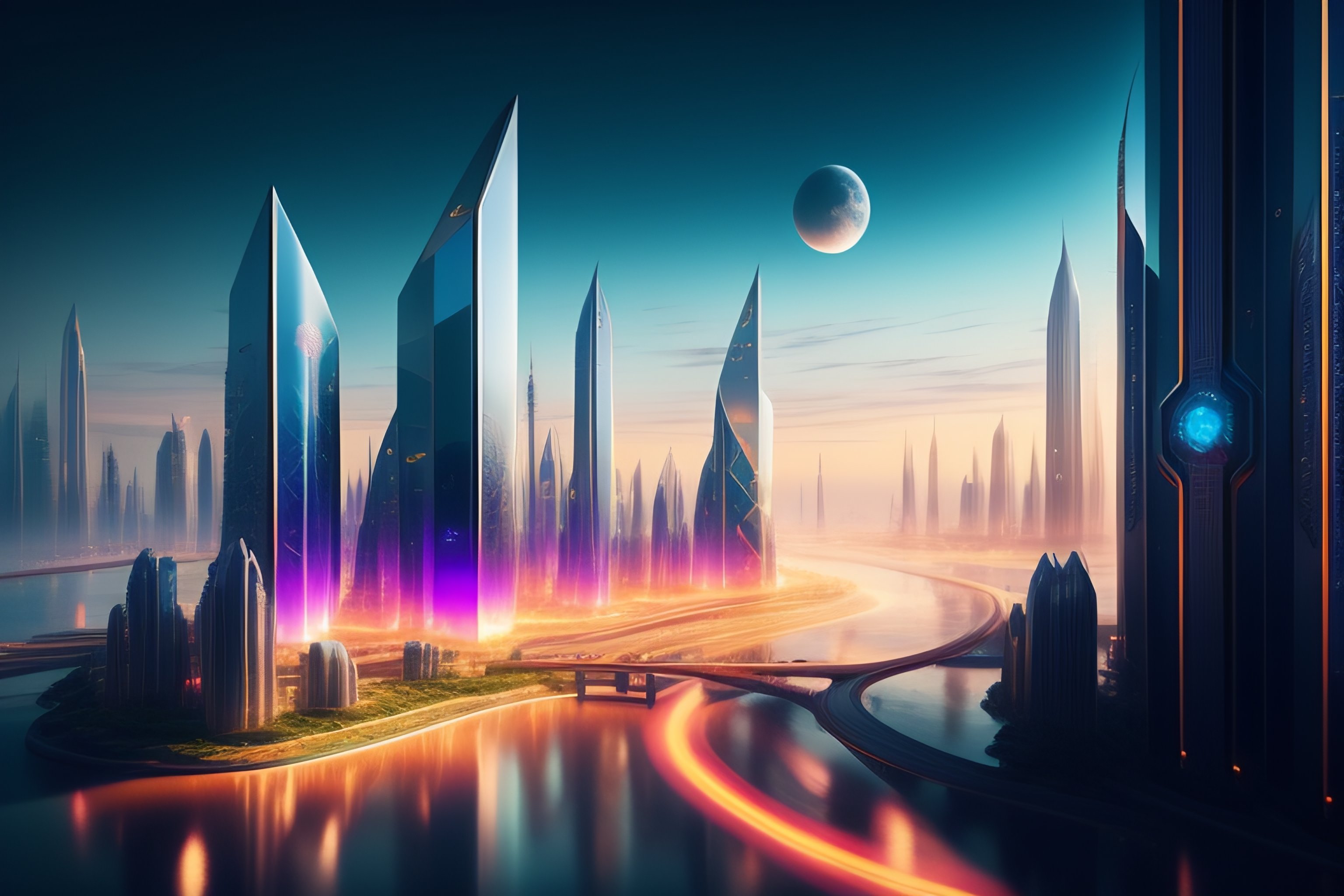 Lexica - Ethereum logo in a virtual futuristic city with buildings and ...
