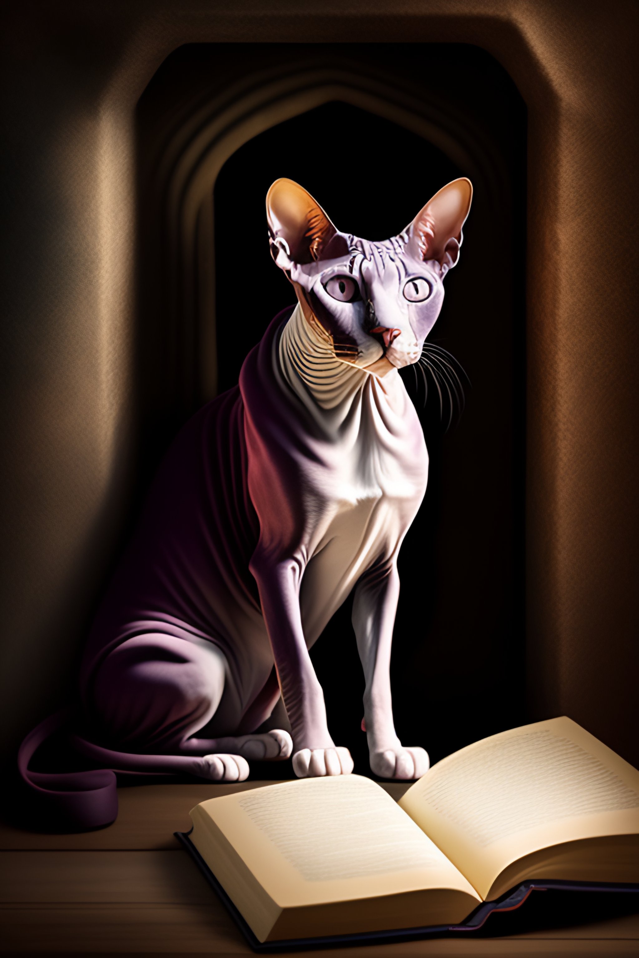 Lexica - Sphynx cat reading book of spell in a mystical dark wall room