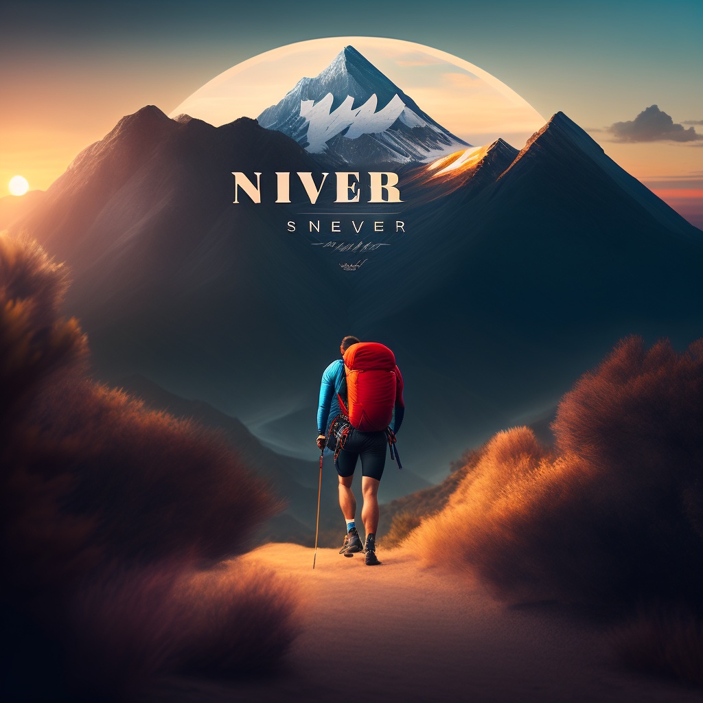 Lexica - A person climbing a mountain, with the words "never give up ...