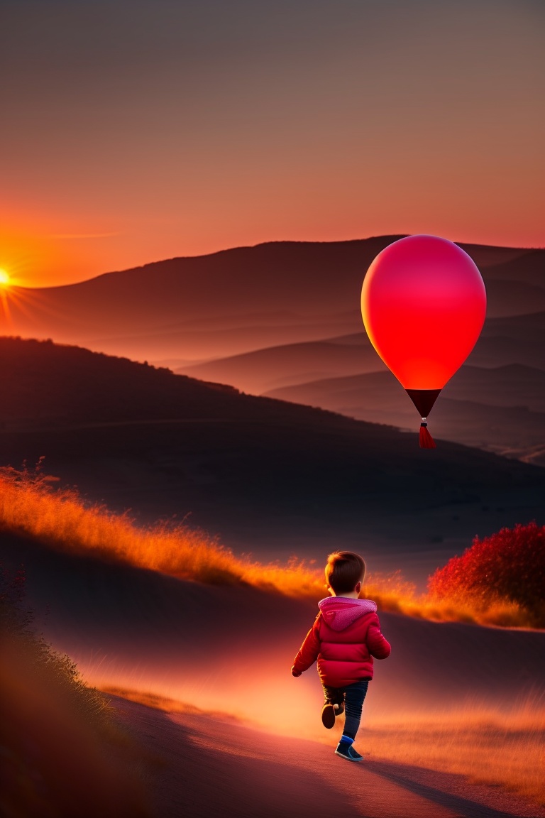 Lexica - A little boy chasing a red balloon, sunset, hill top